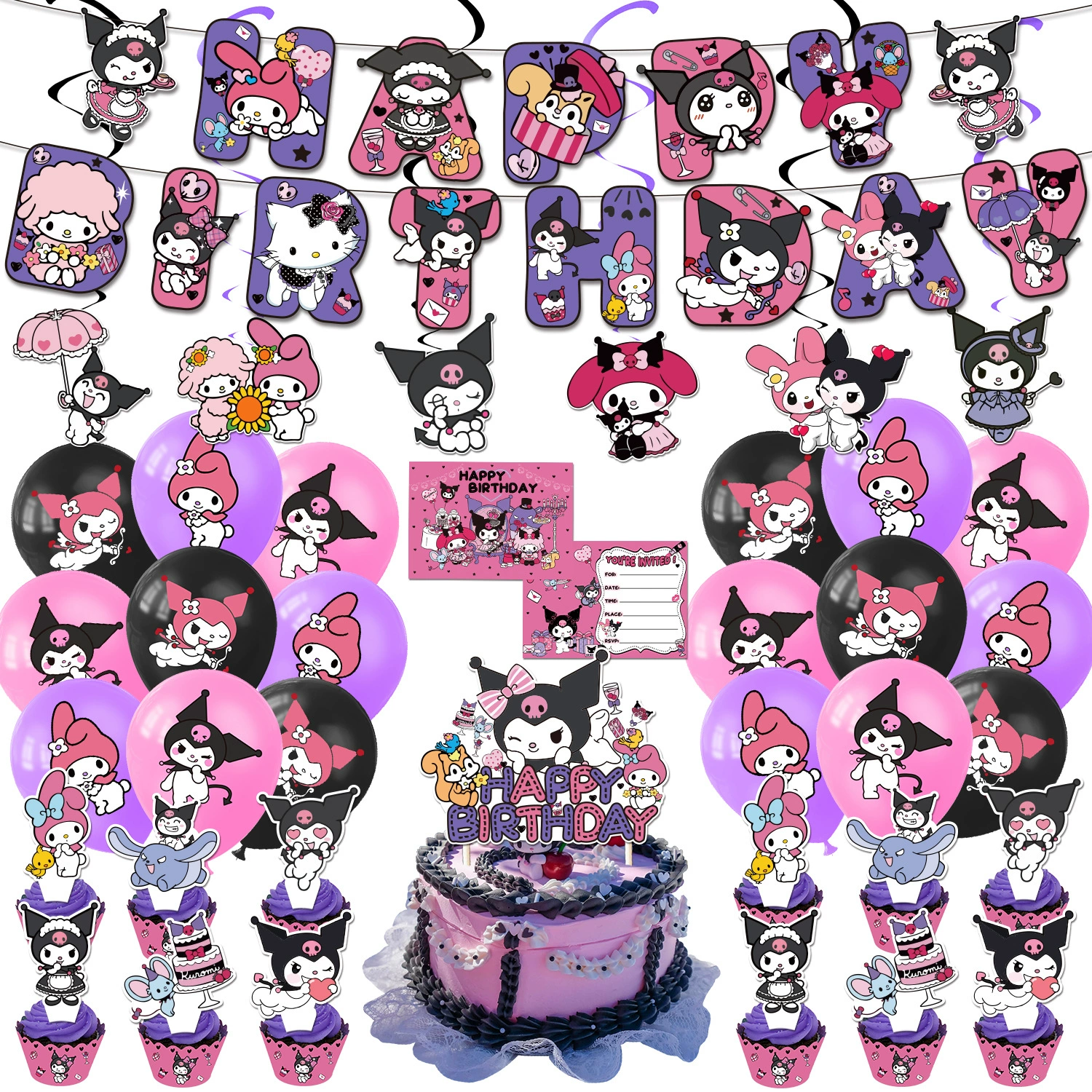 ZOOUSQII Kuromi Birthday Party Supplies, Cartoon Party Decorations Set ...