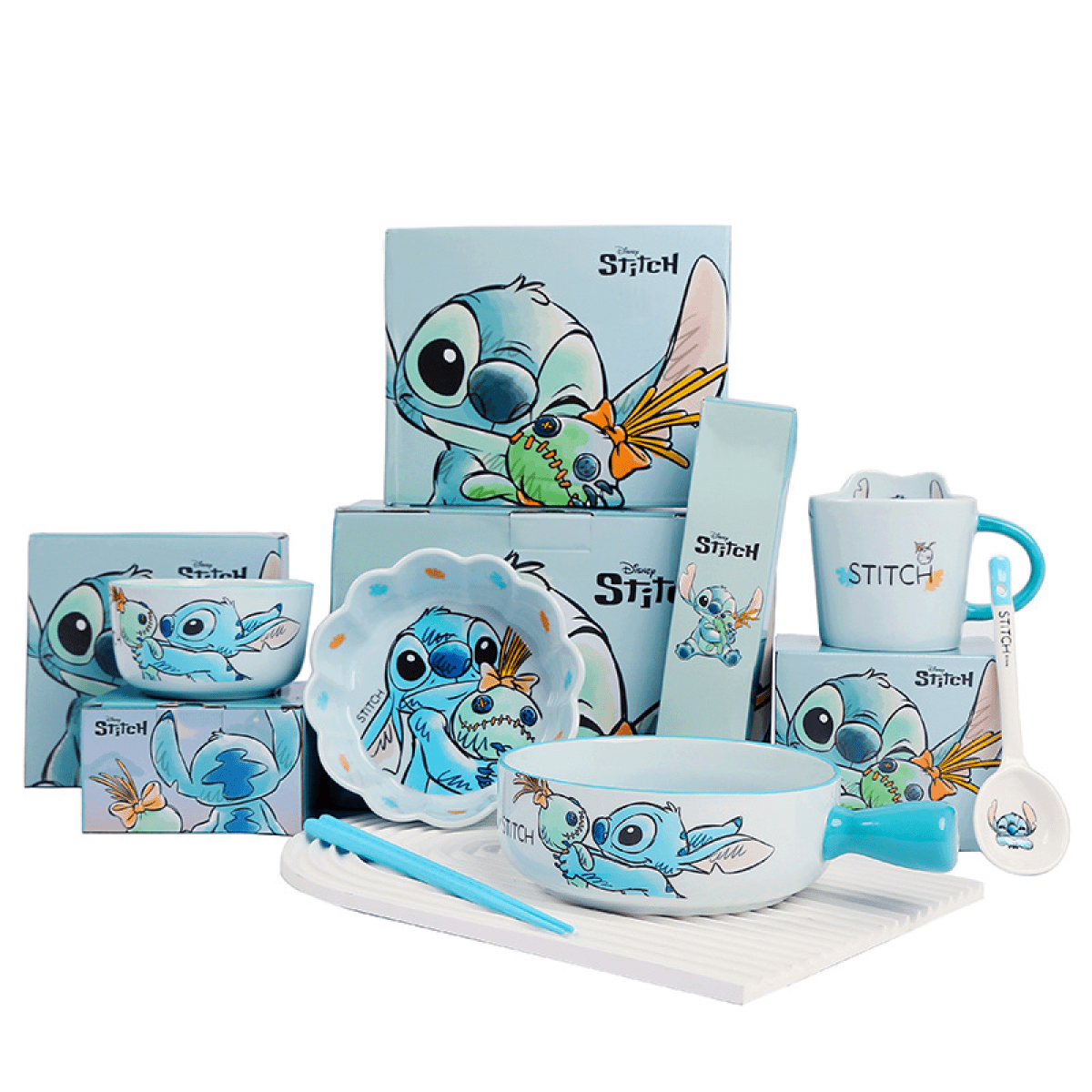 ZOOUSQII Stitch Ceramic Dinnerware Set - Cute Rice Bowls, Plates, and ...
