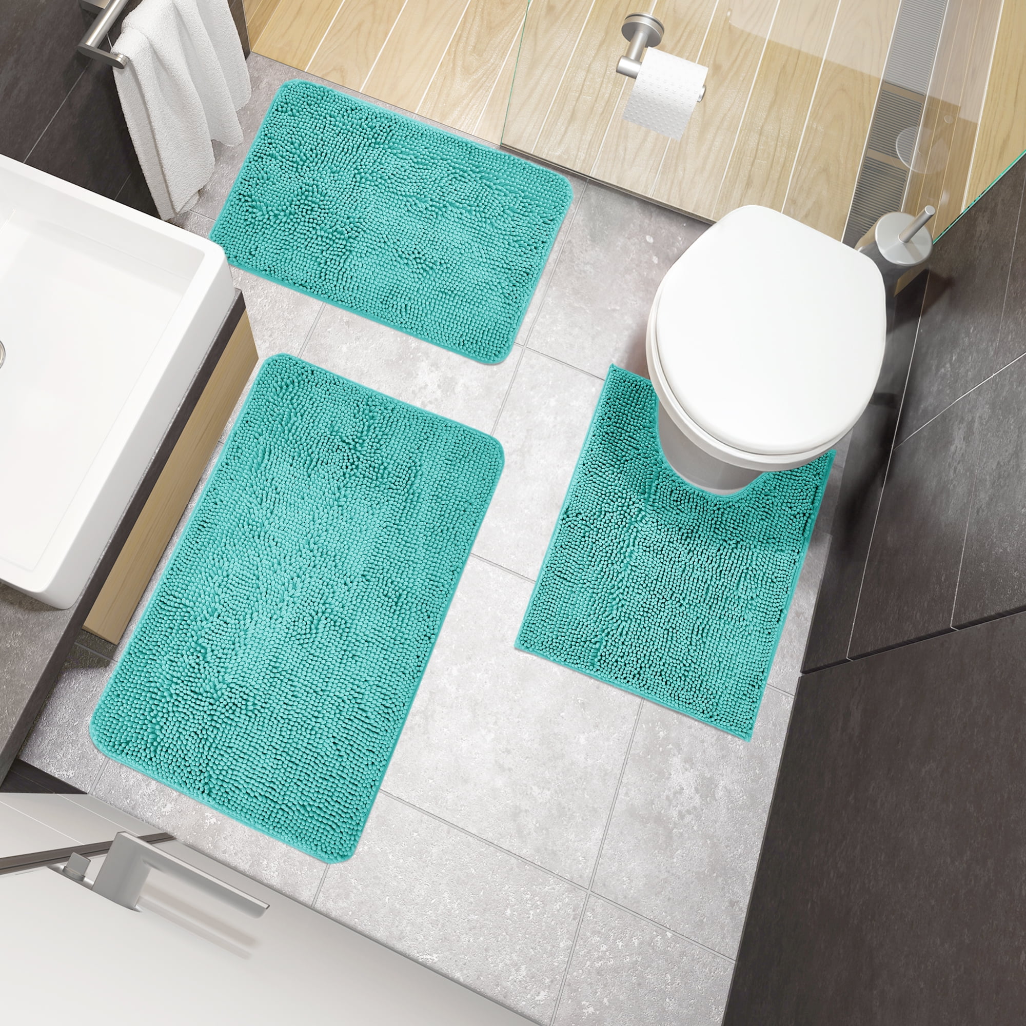 ZOPZO Chenille Bath Mats Set 3 Piece, Quick Dry Bath Rugs, Turquoise ...