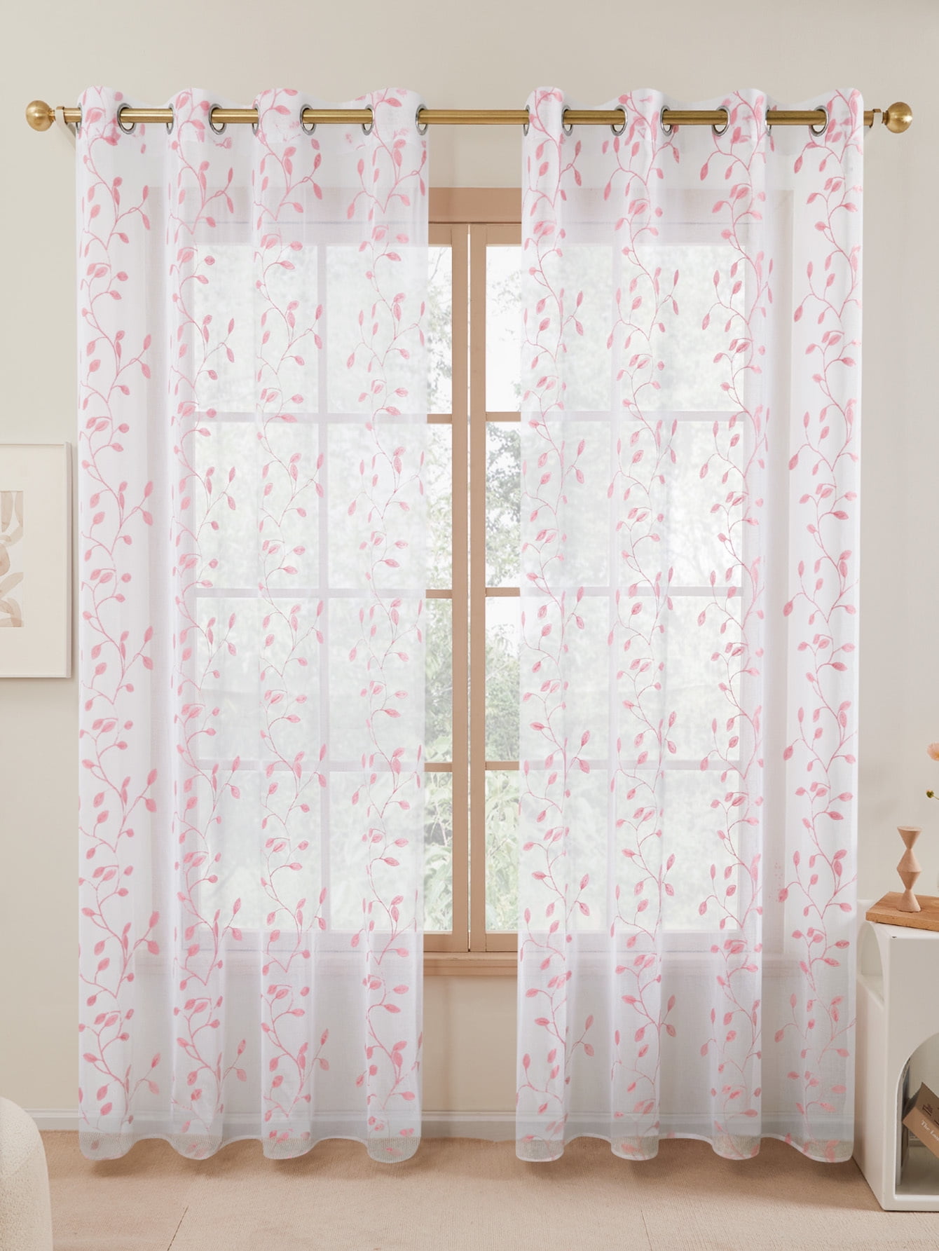 ZOPZO Pink Voile Sheer Curtains 52W x 63L Embroidered Leaf Grommet ...