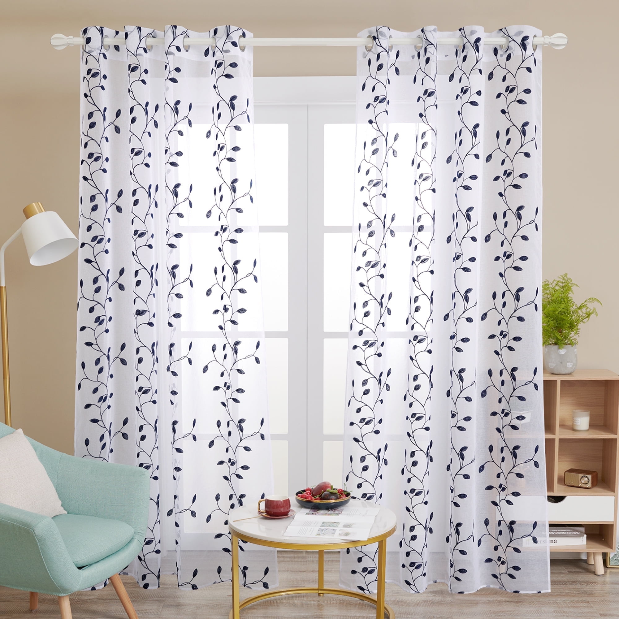 ZOPZO Sheer Curtains Embroidered Leaf Grommet Drapes, Navy Blue, 52W x ...