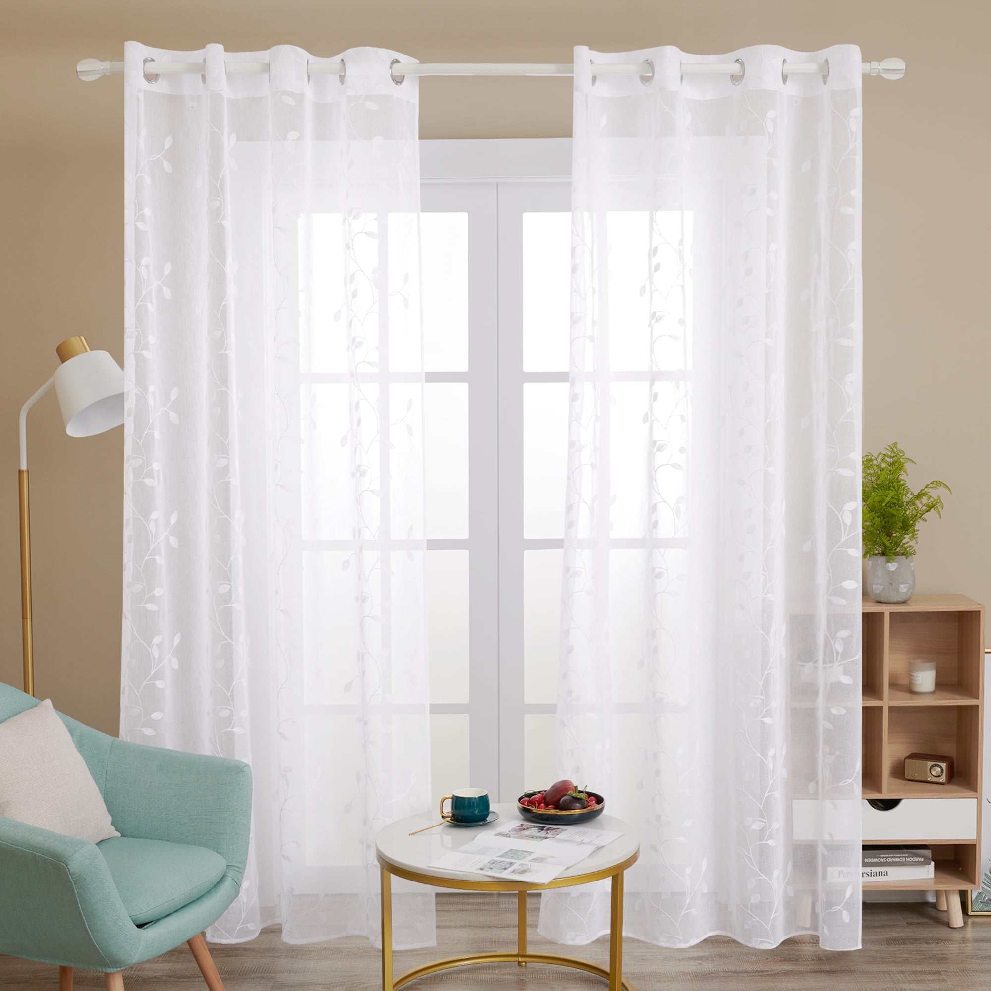 ZOPZO Sheer Curtains Embroidered Leaf Grommet Drapes, White, 52W x 63L ...