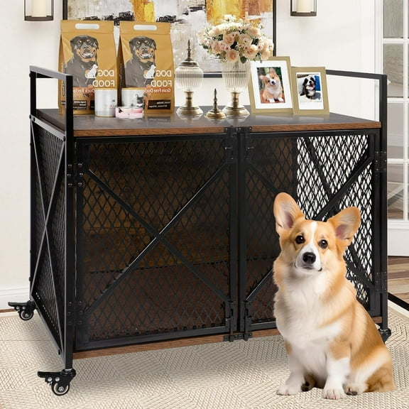 Corner Dog Crate Furniture with Barn Door Heavy Duty Dog Kennel Indoor ...