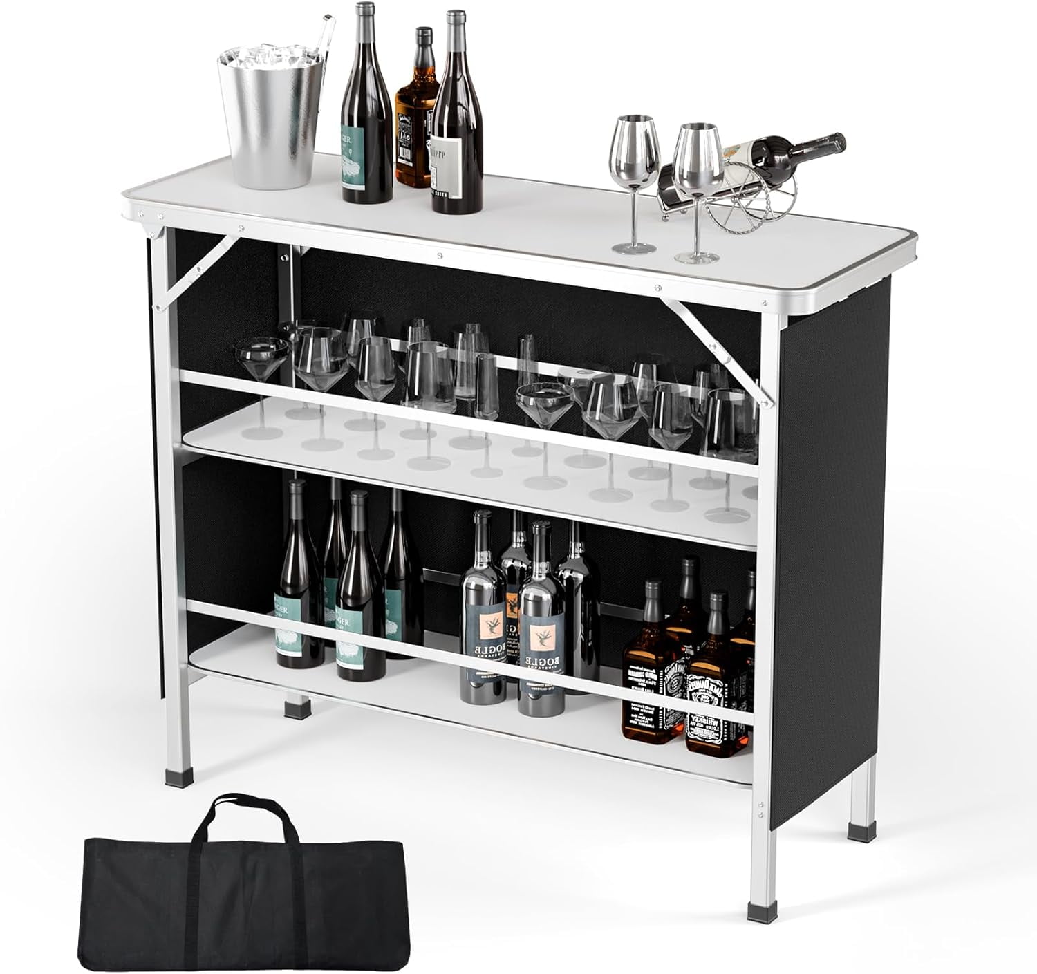 ZOPan 43" Portable Bar Table, 3-Tier Shelves, Carry Bag，Mobile Bar Table Stand for Events, Party ...