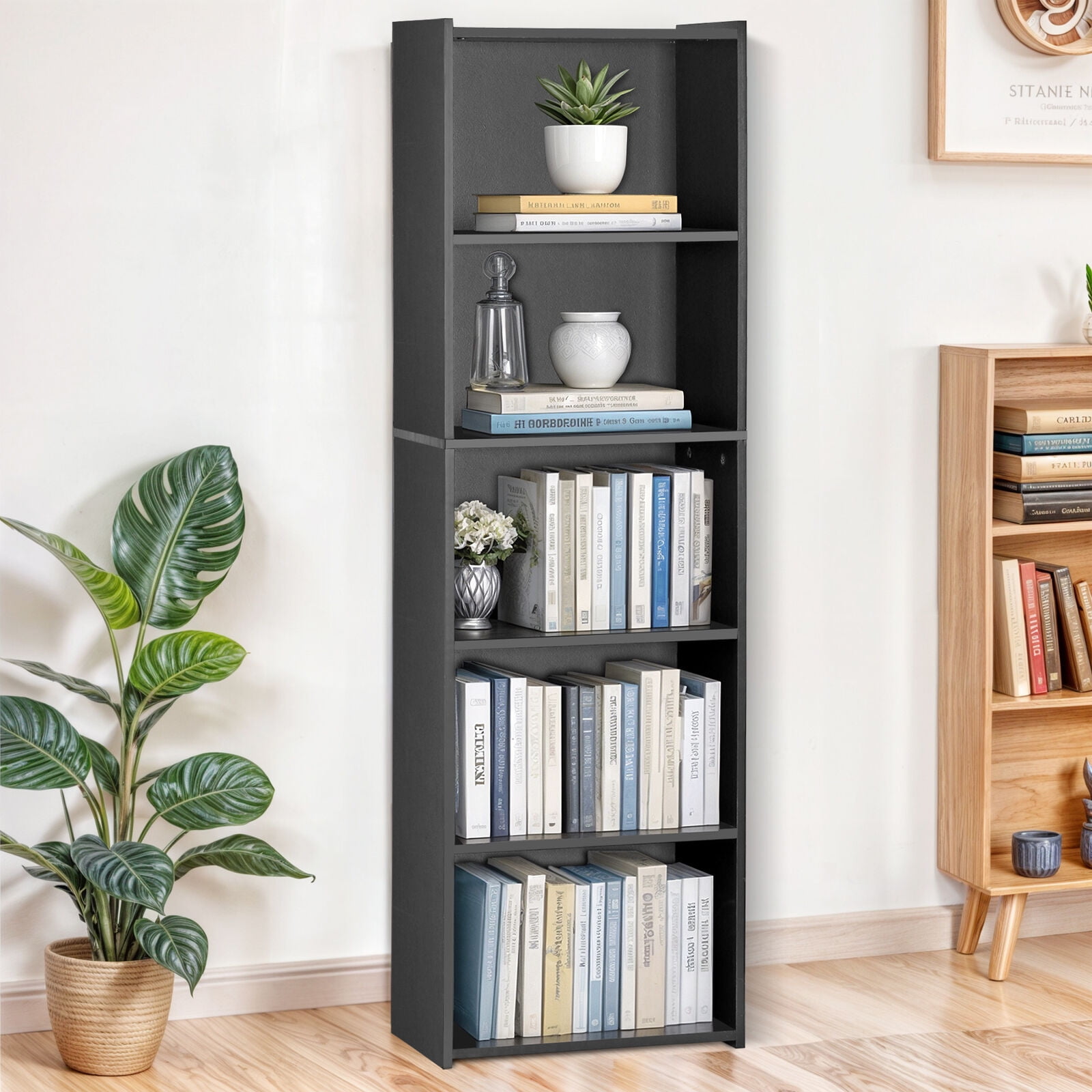ZOPan 5-Tier Reversible Open Shelf Bookcase – Black Bookshelf Storage ...