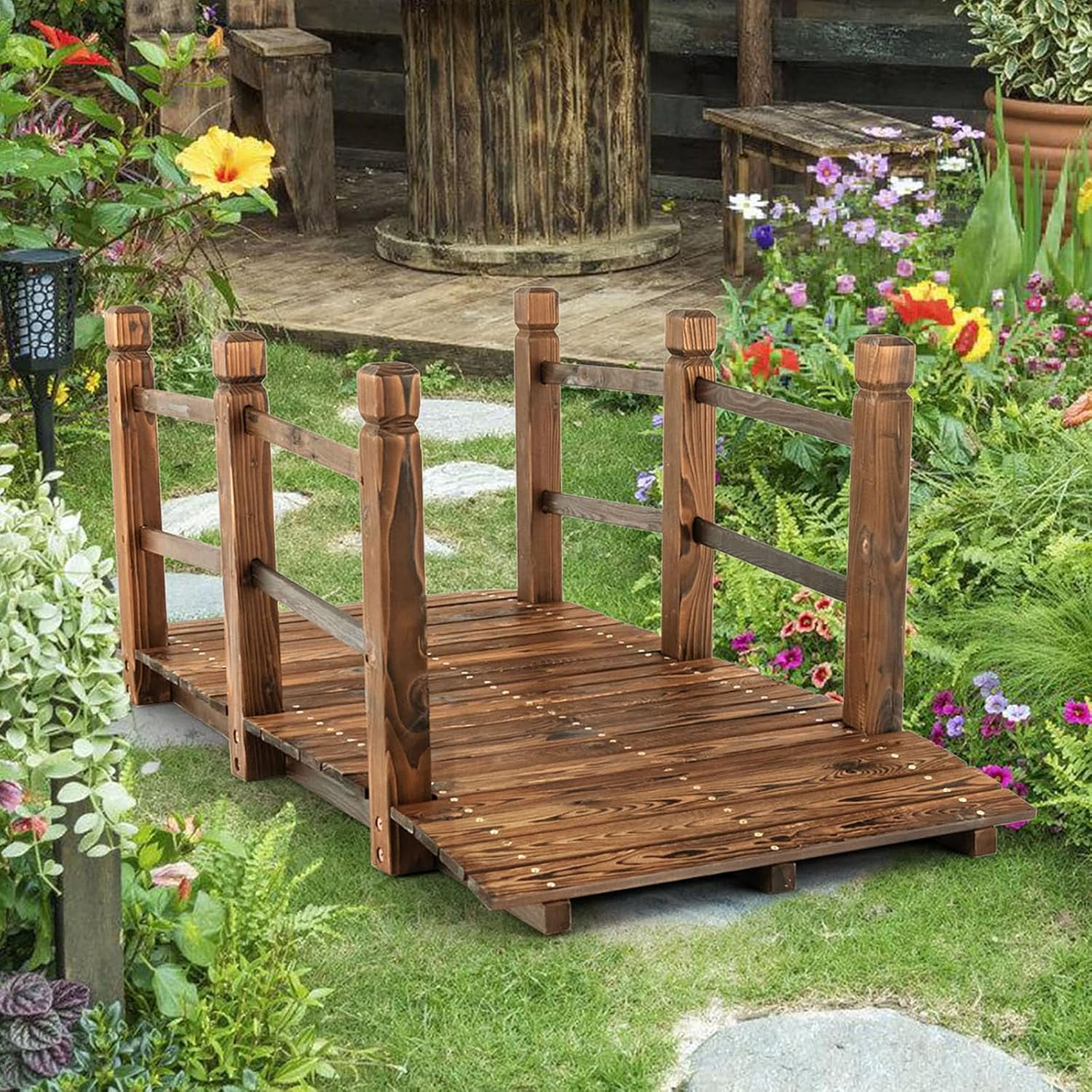 ZOPan 5 ft Garden Bridge - Stained Wood Arc Footbridge Walkway with ...
