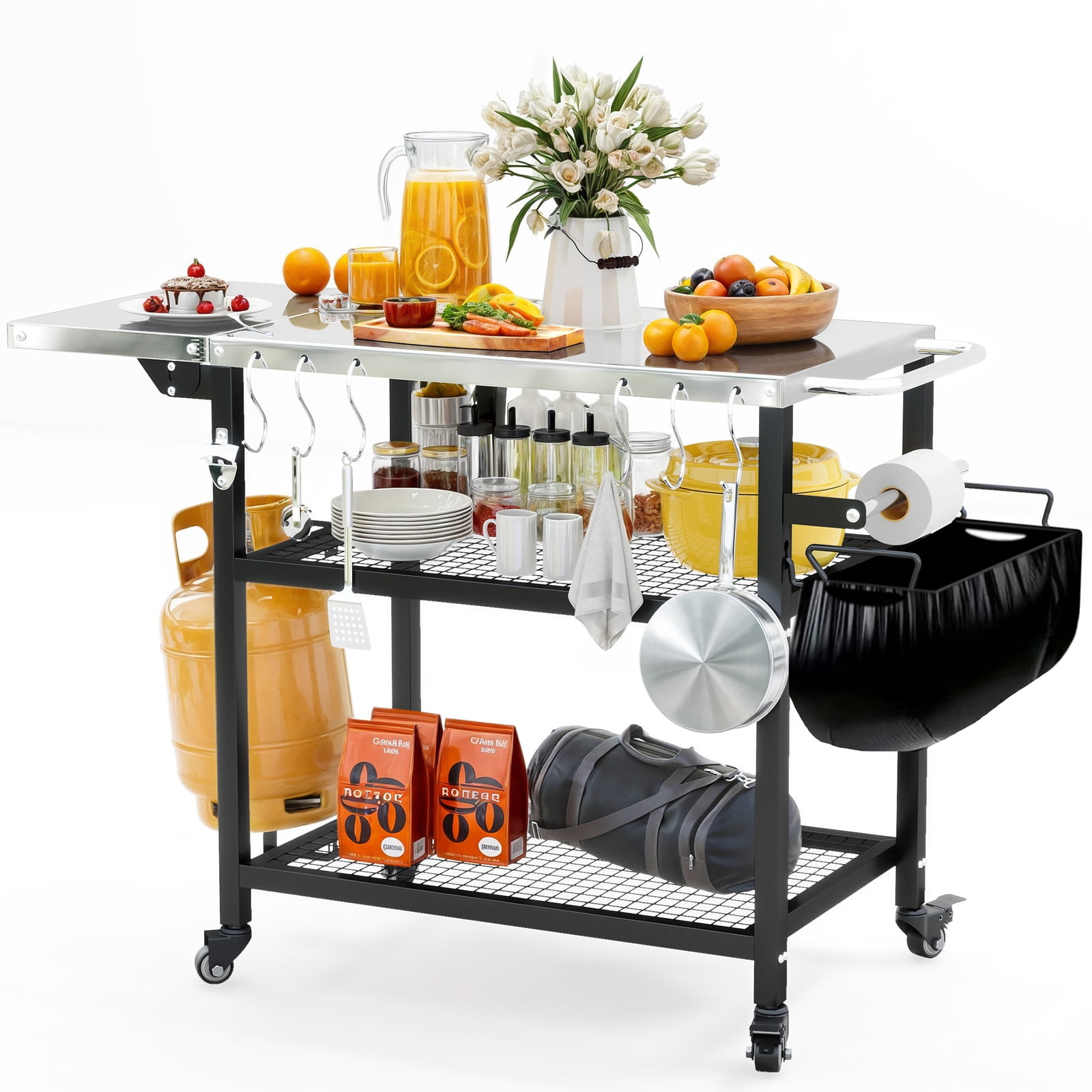 ZOPan Extendable 3-Tier Rolling Grill Table - Stainless Steel Tabletop ...