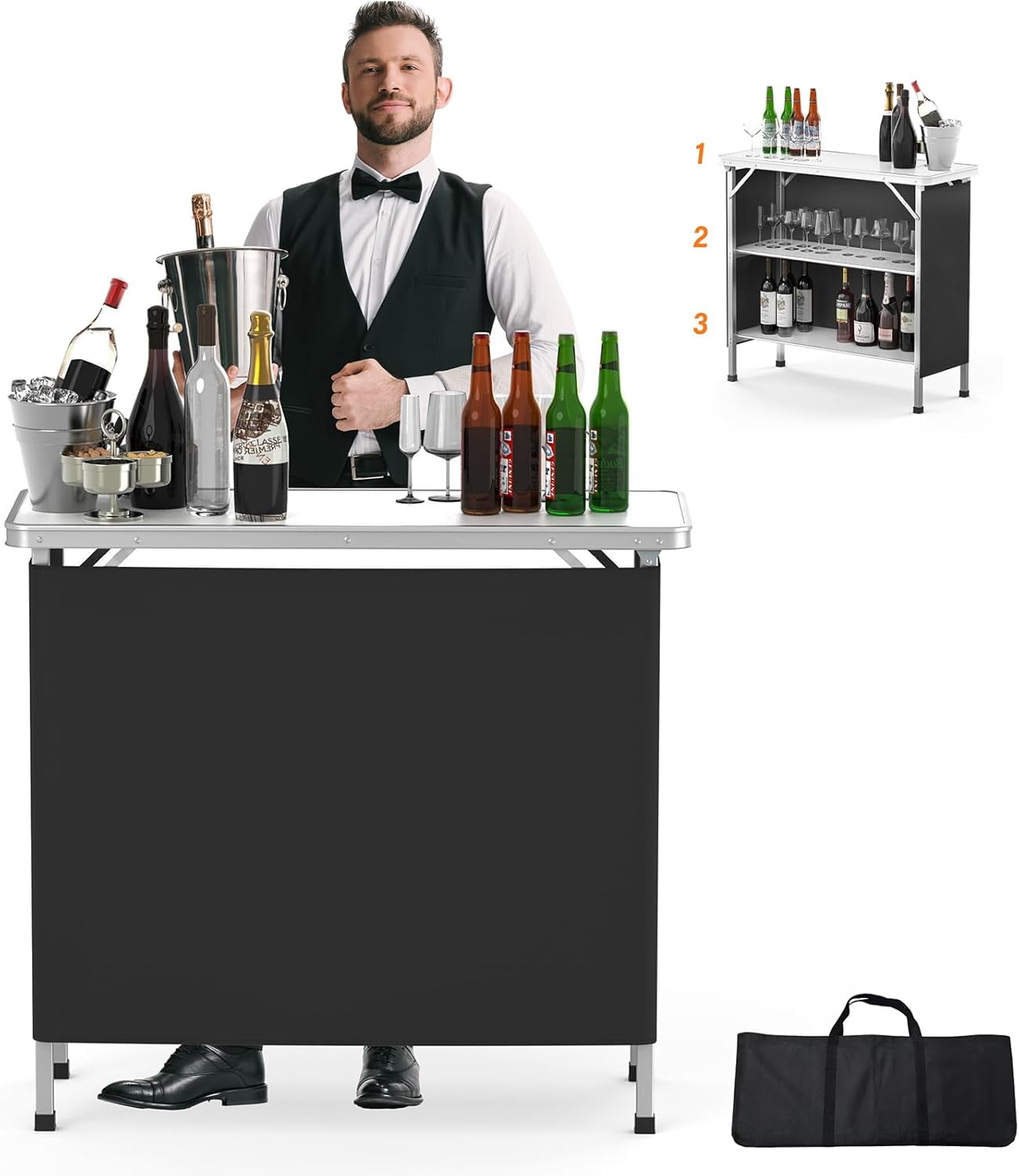 ZOPan Portable Bar Table, 3-Tier Shelves, Mobile Bar Table for Events ...