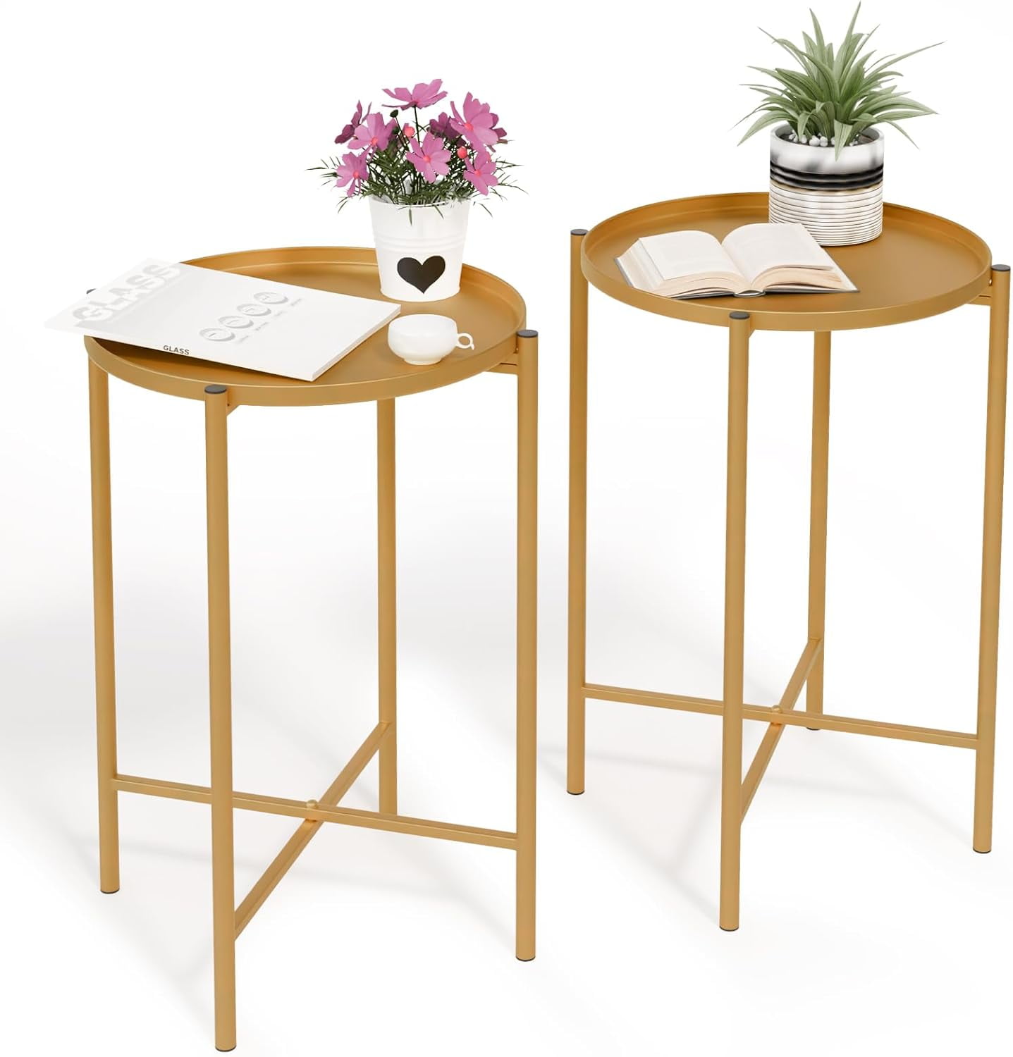 ZOPan Round Metal Side Table with Removable Tray, Outdoor Patio Coffee ...