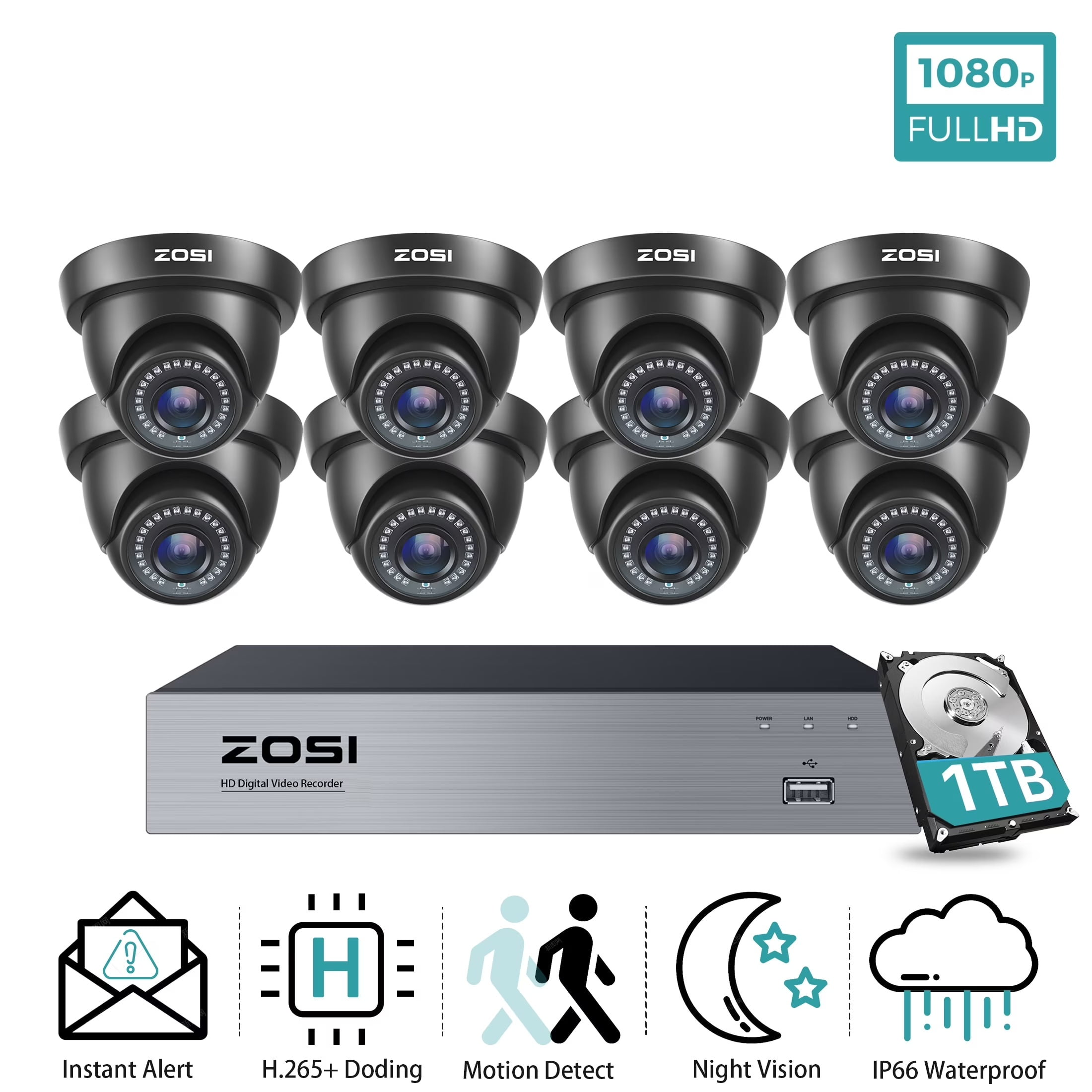 ZOSI 1080P H.265+ 8 Channel Security Camera System with 1TB Hard Drive ...