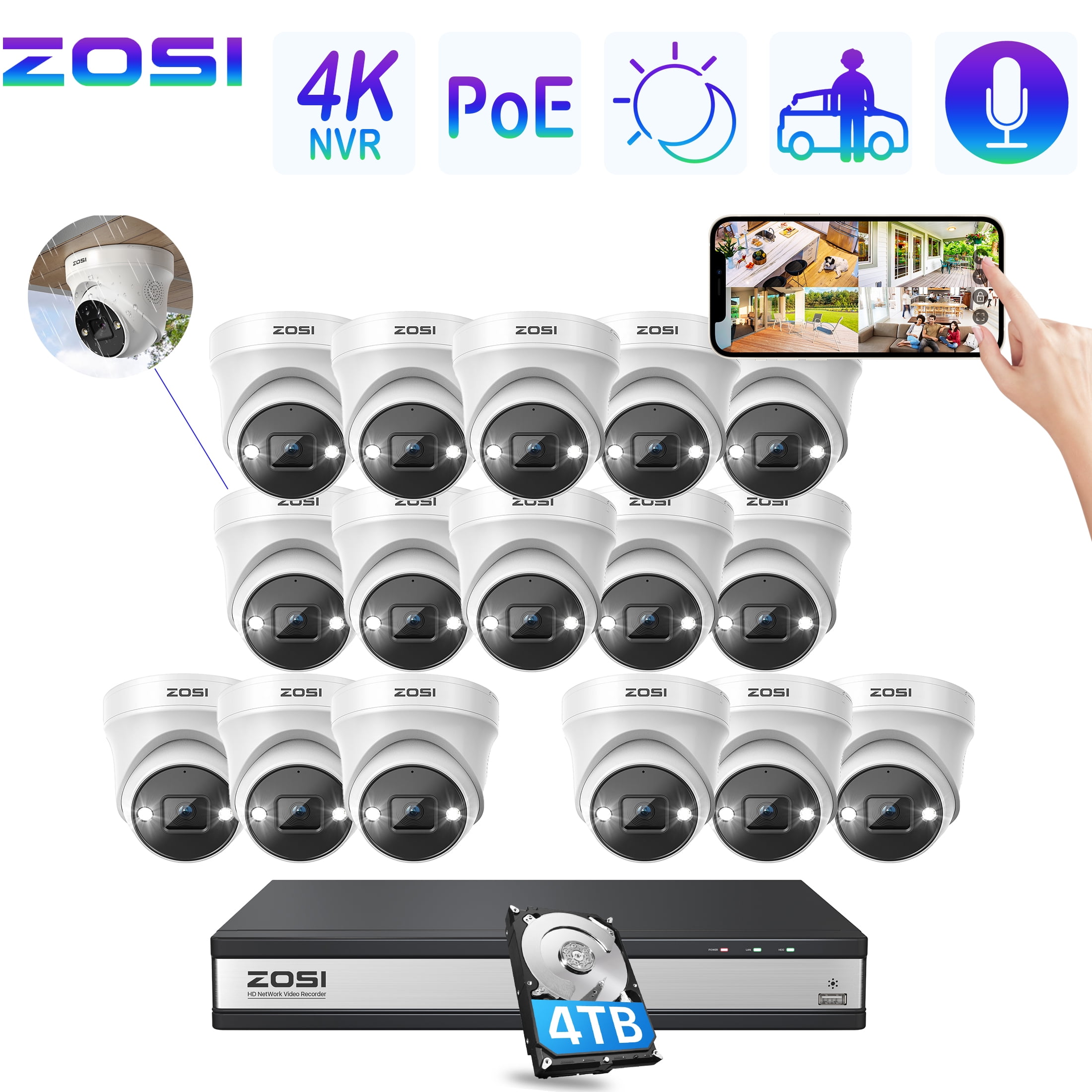 ZOSI 16CH 5MP Video Surveillance, 4TB HDD, Indoor/Outdoor IP Camera, 2 Way Audio, Night Vision ...