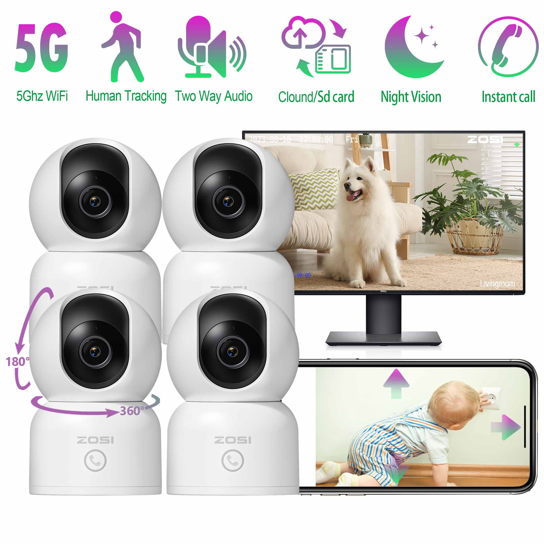 ZOSI 2K 5Ghz WiFi Security Camera, 4Pack, Wireless Home System, 360 ...