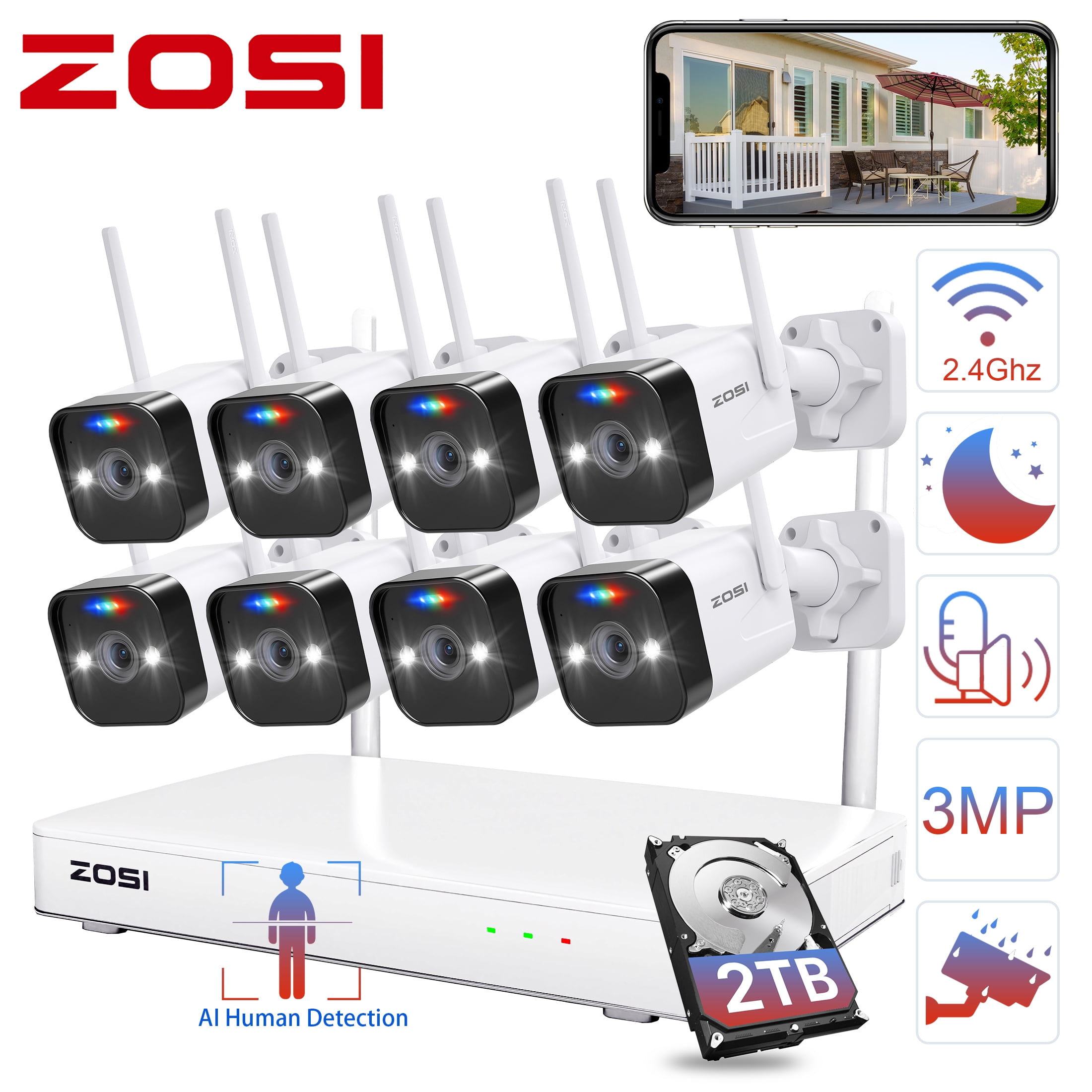ZOSI 2K WiFi Security Camera System with 1TB HDD, Outdoor Security ...
