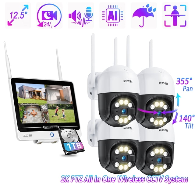 ZOSI 360°View PTZ Wireless Security Camera System, 2K 8CH 12.5" All in ...
