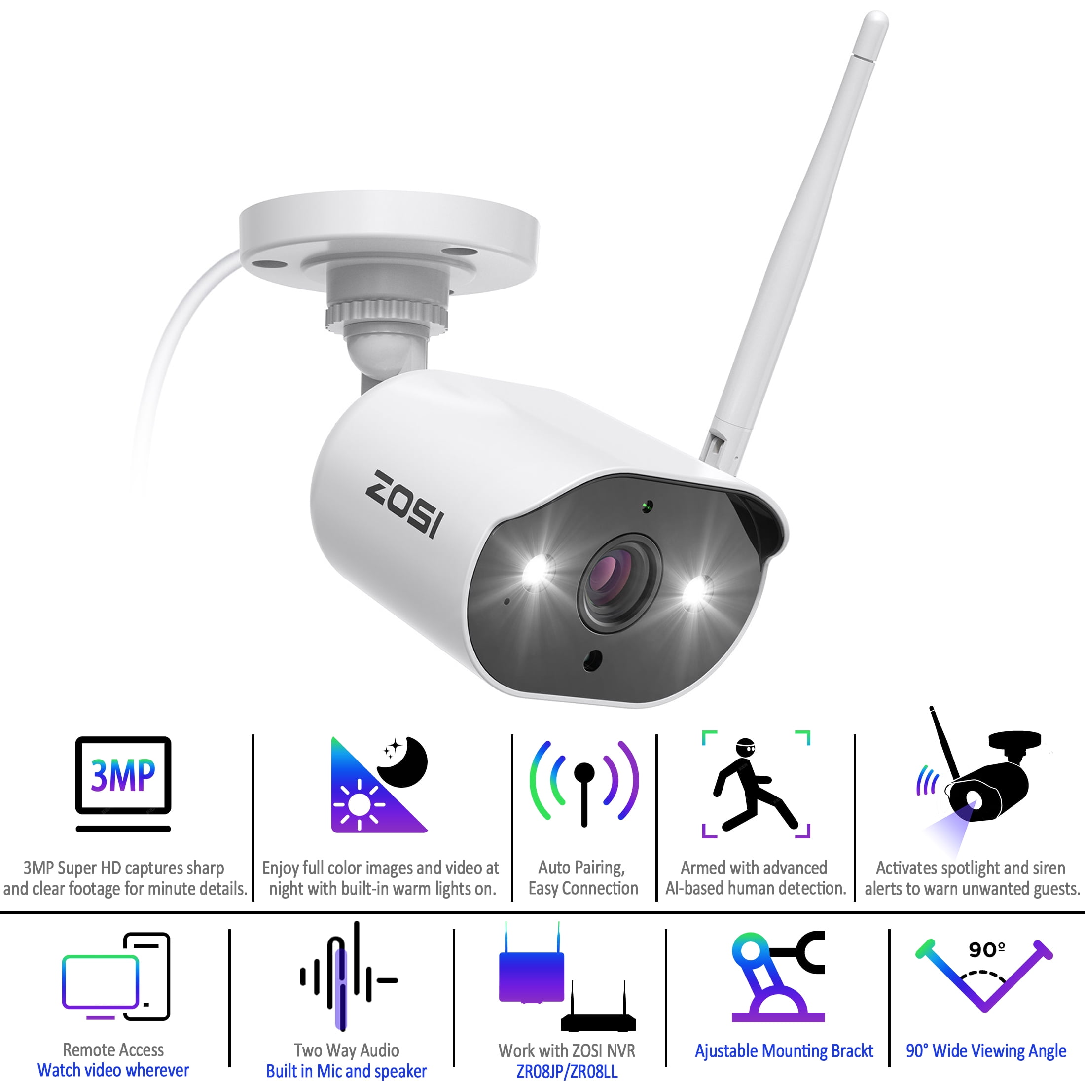 ZOSI 3MP WiFi Security Camera, IP for Indoor/Outdoor, Weatherproof, Audio, Night Vision ...