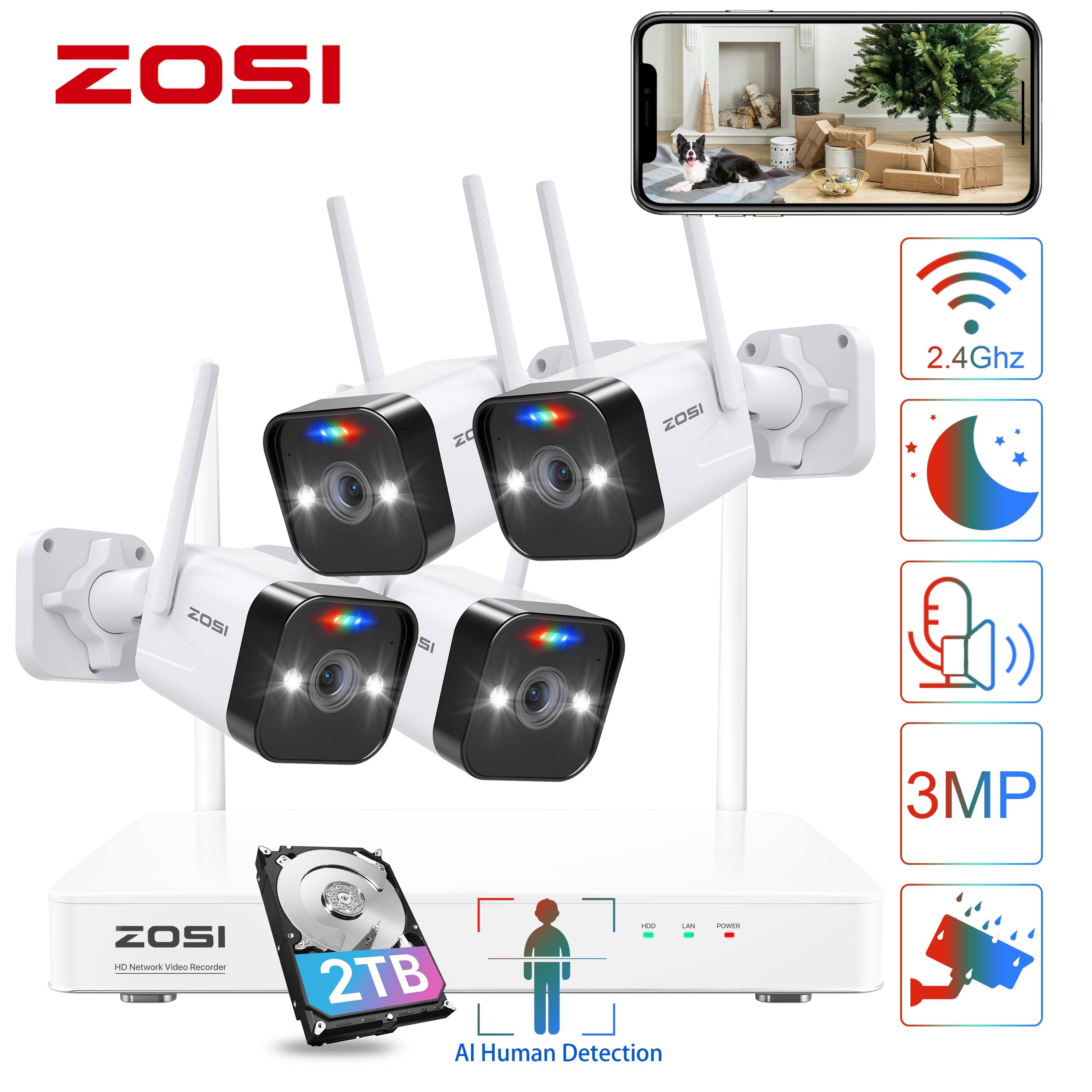 ZOSI 3MP Wireless Security System, 2TB HDD, Indoor/Outdoor IP ...