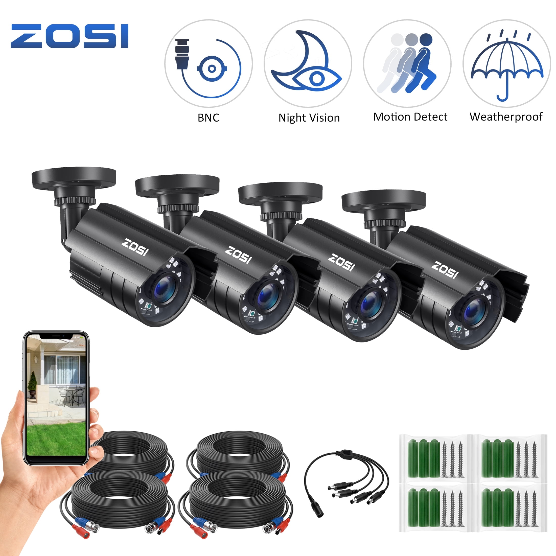 ZOSI 4-Pack 1080P HD-TVI Security Cameras, Indoor/Outdoor, 80ft Night ...