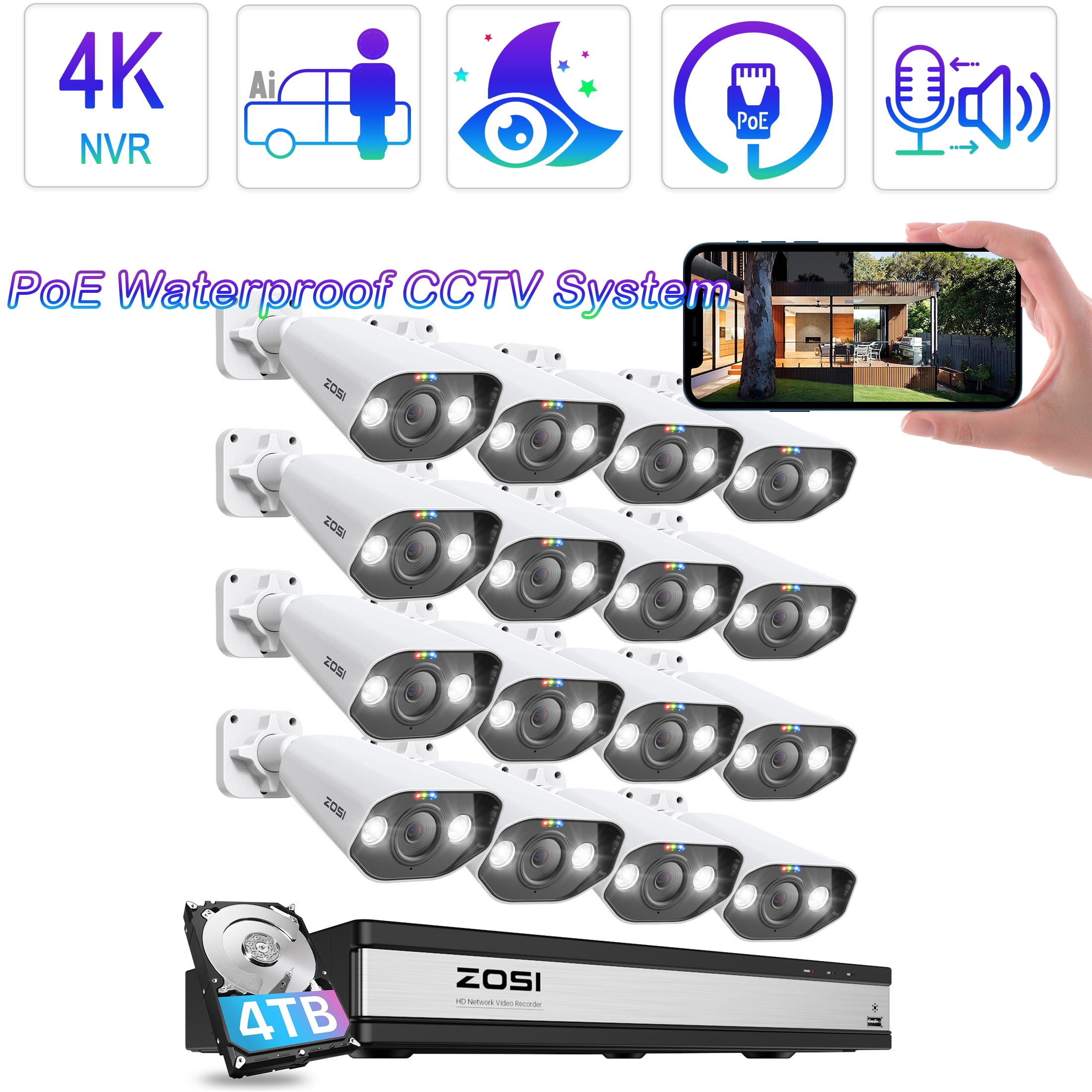 ZOSI 4K 16CH POE Security System with Spotlight, Two-way Audio, Outdoor ...