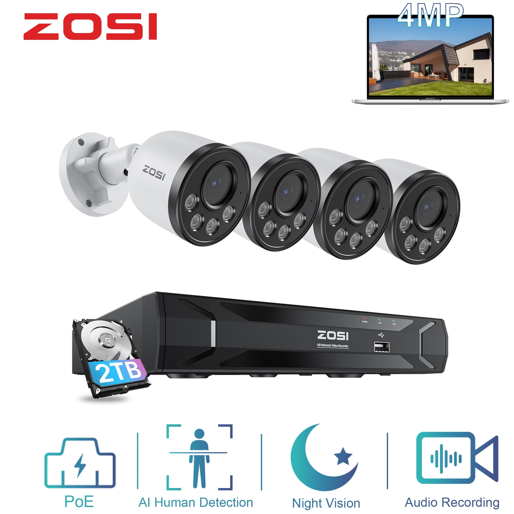 ZOSI 4MP 8CH PoE Security System, 1TB Hard Drive, Indoor/Outdoor, 100ft ...