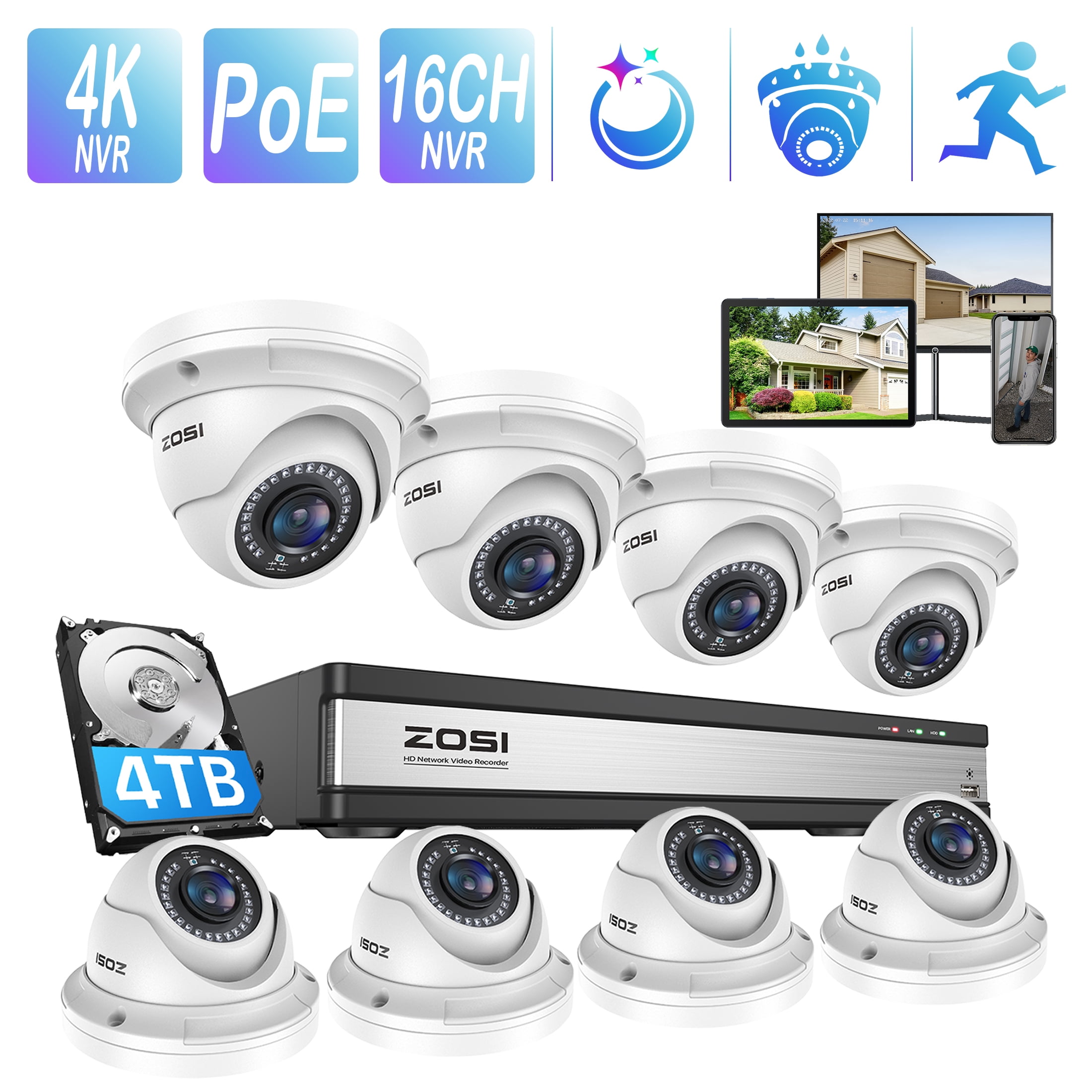 ZOSI 5MP PoE Security Camera System 4TB HDD, 4K 16 Channel NVR for 24/7 ...