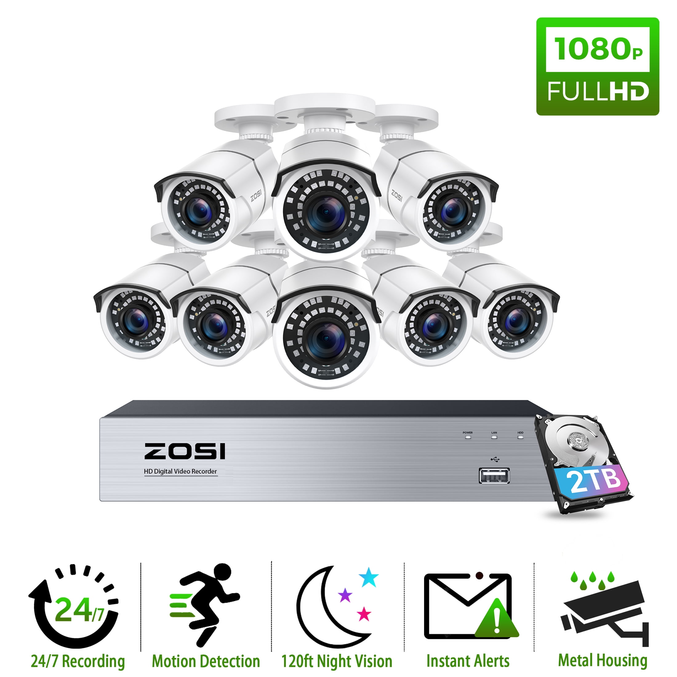 ZOSI H.265+ 1080P 8CH CCTV Security Camera System 5 MP Lite DVR Outdoor ...