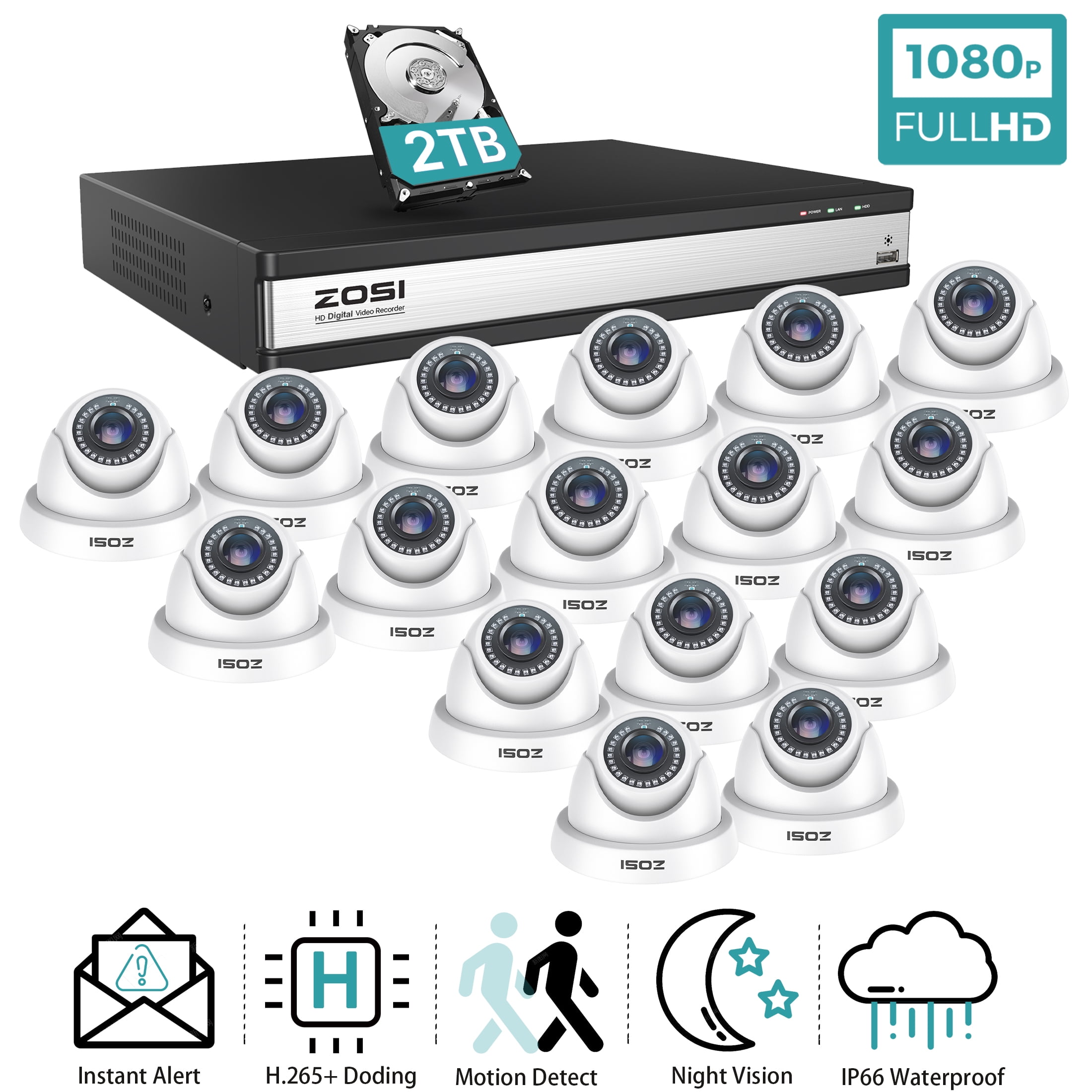 ZOSI H.265+ 1080P Wired Security Camera System, 16CH DVR with 2TB HDD ...