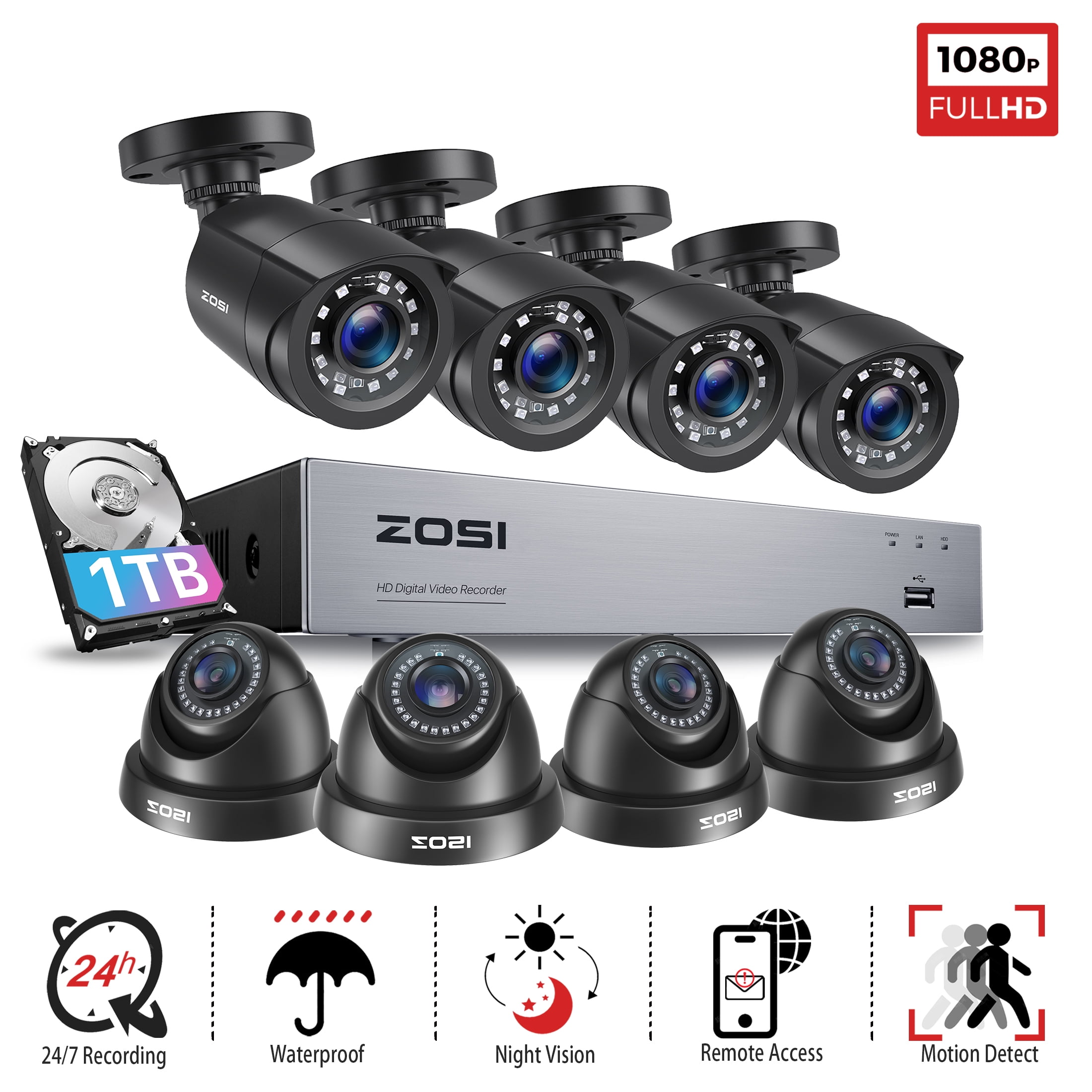 ZOSI H.265+ 8CH DVR Recorder, 1TB HDD, 1080P CCTV Security Camera ...