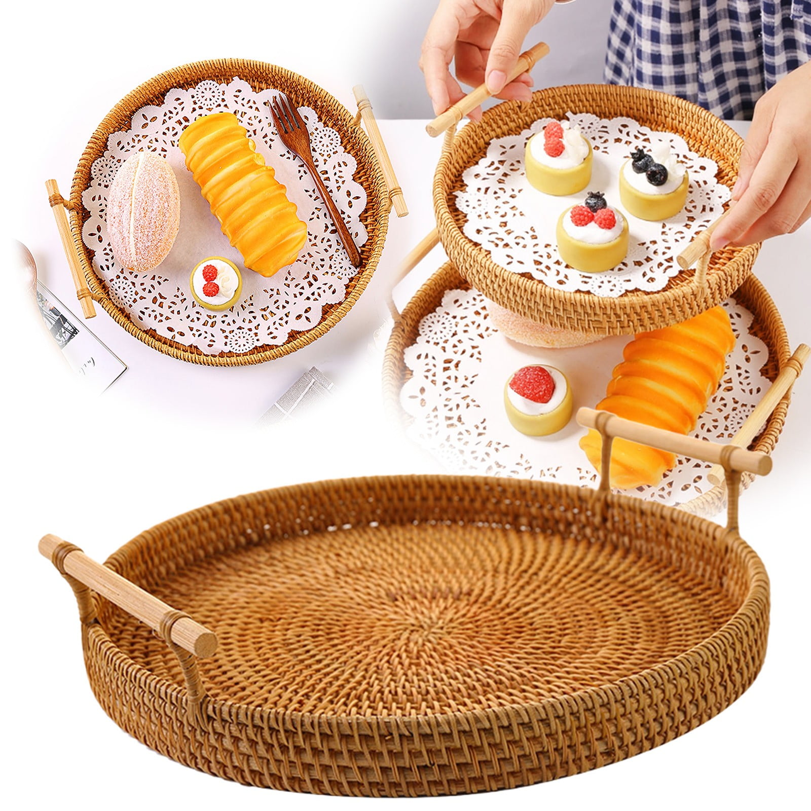 ZOURIH 1 PCS Round Rattan Tray 11 Inch - Handwoven Wicker Tray with ...