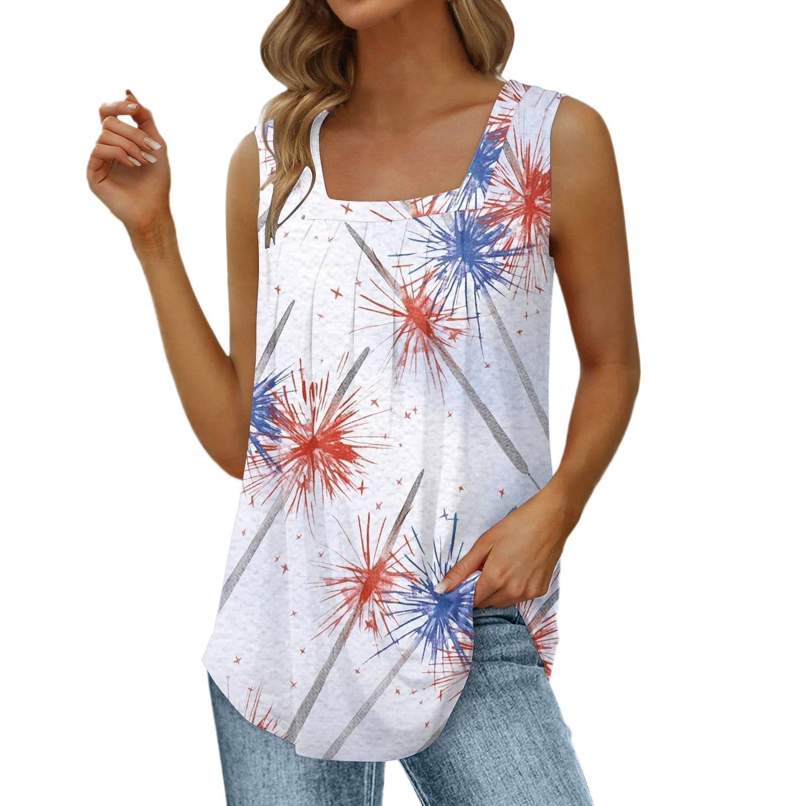Zourih Womens Tank Summer Vest Loose Pleated Square Neck Sleeveless Top