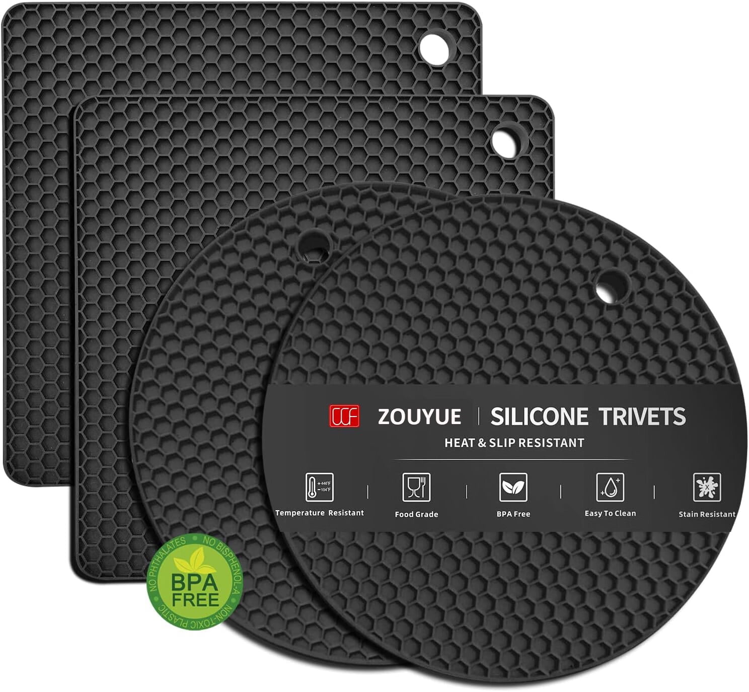 ZOUYUE 4 Pack Black Trivets for Hot Dishes,Hot Pads Silicone Pot ...