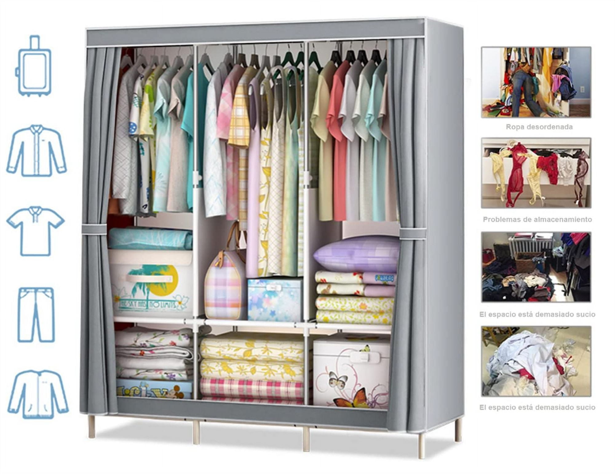 ZOUYUE 67-Inch Portable Closet, Wardrobe with 3 Rods, 6 Shelves, Side ...