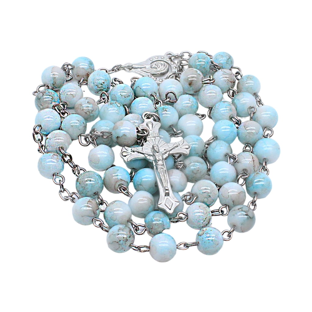 ZPAQI Catholic Crosses Rosary Necklaces Religious Blue Beads Necklaces ...