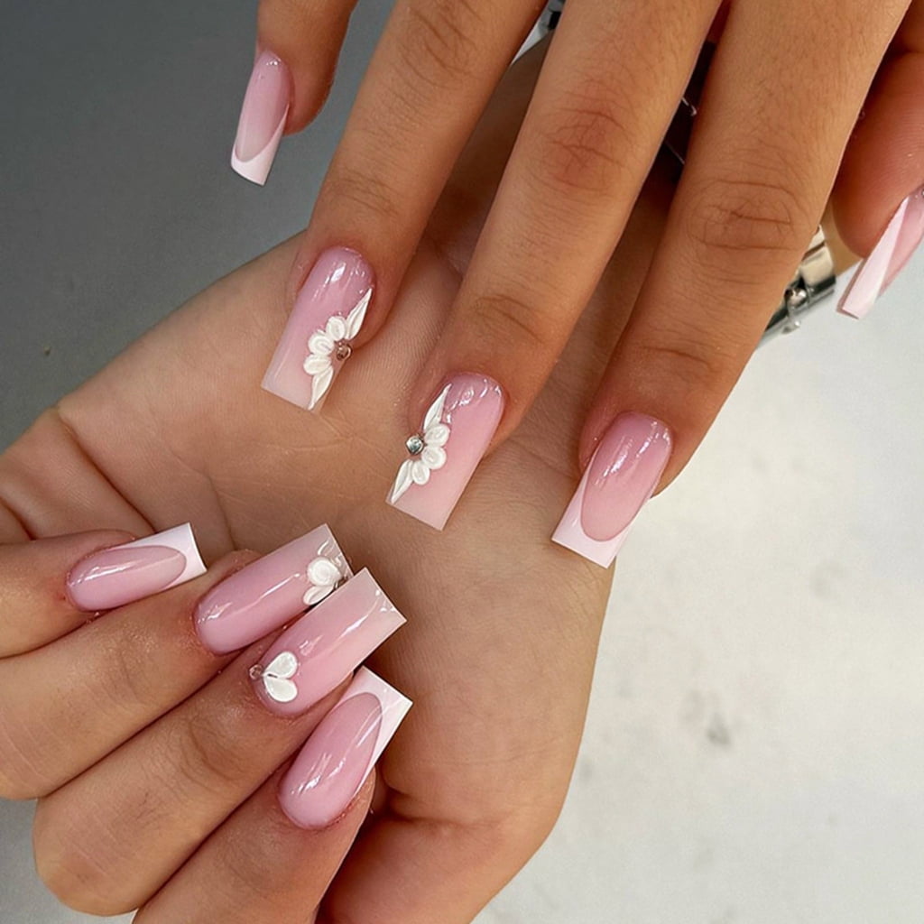 ZPAQI Long Square Press on Nail Glossy French Tip Full Cover Acrylic ...