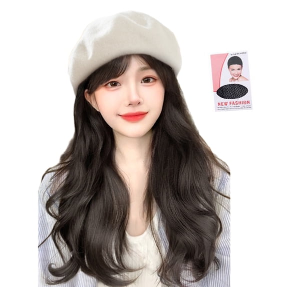 ZPAQI Long Wavy Hair Wigs Hat Beret Caps Adjustable Synthetic Fiber ...