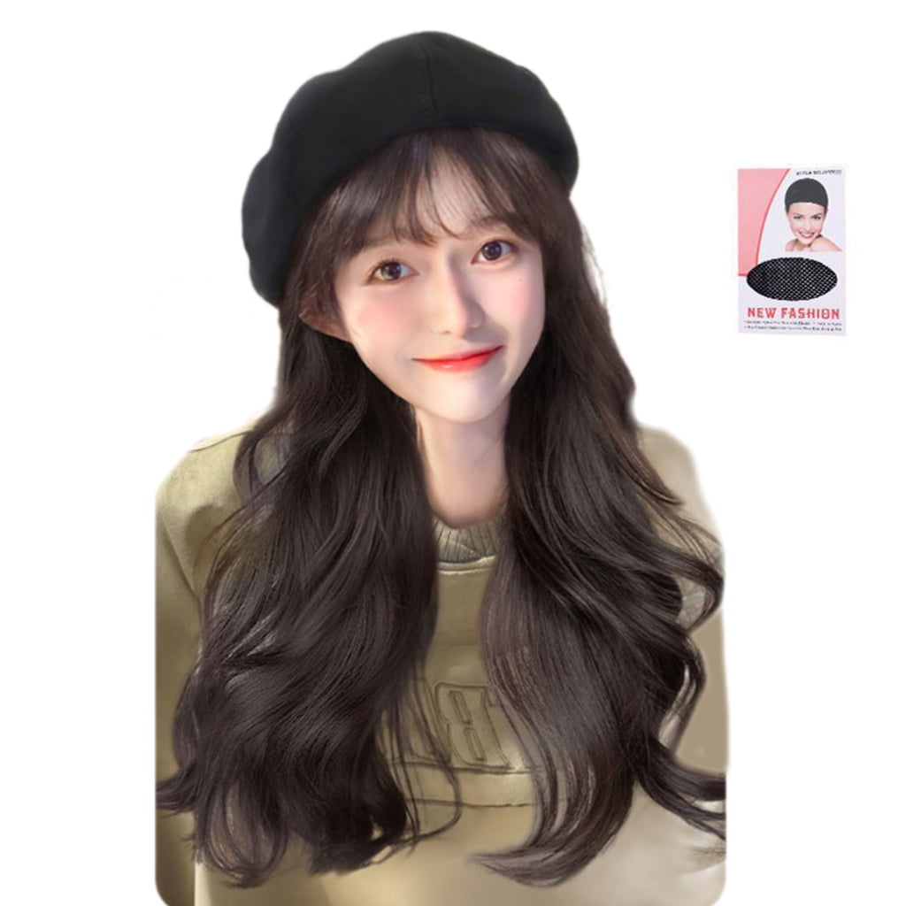 ZPAQI Long Wavy Hair Wigs Hat Beret Caps Adjustable Synthetic Fiber ...