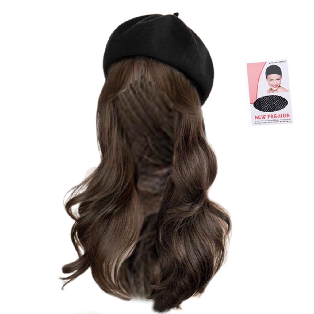 ZPAQI Long Wavy Hair Wigs Hat Beret Caps Adjustable Synthetic Fiber ...