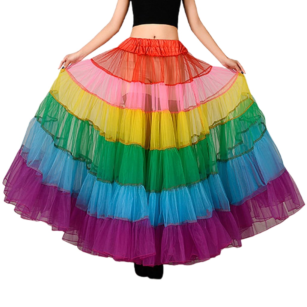 ZPAQI Multicolored Rainbow A-Line Maxi Tutu Skirt Pleated Floor Length ...