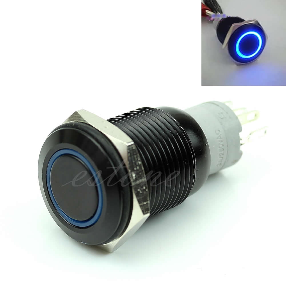 ZPAQI NEW 16mm 12V Blue LED Power Push Button Switch Black Aluminum ...