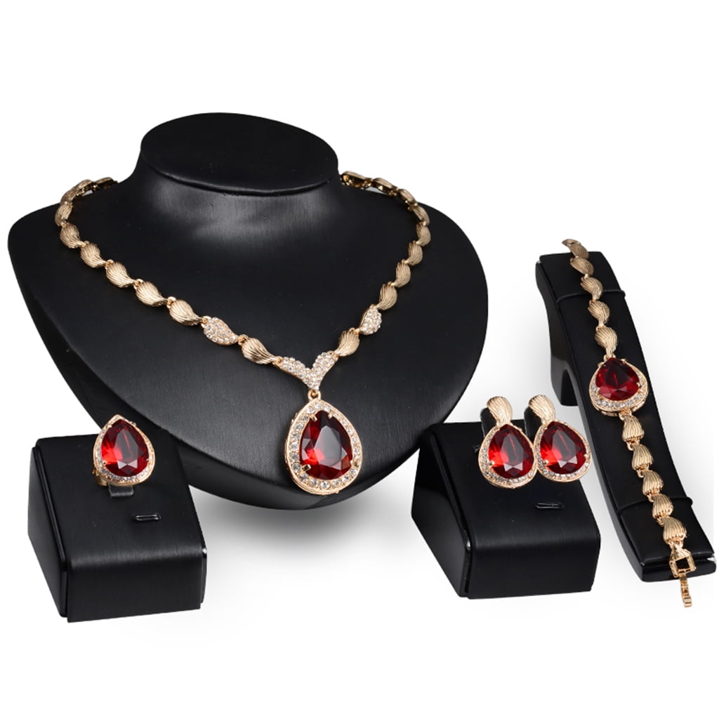 ZPAQI Wedding Bridal Jewelry Set Red Gemstone Pendant Necklace Earring ...