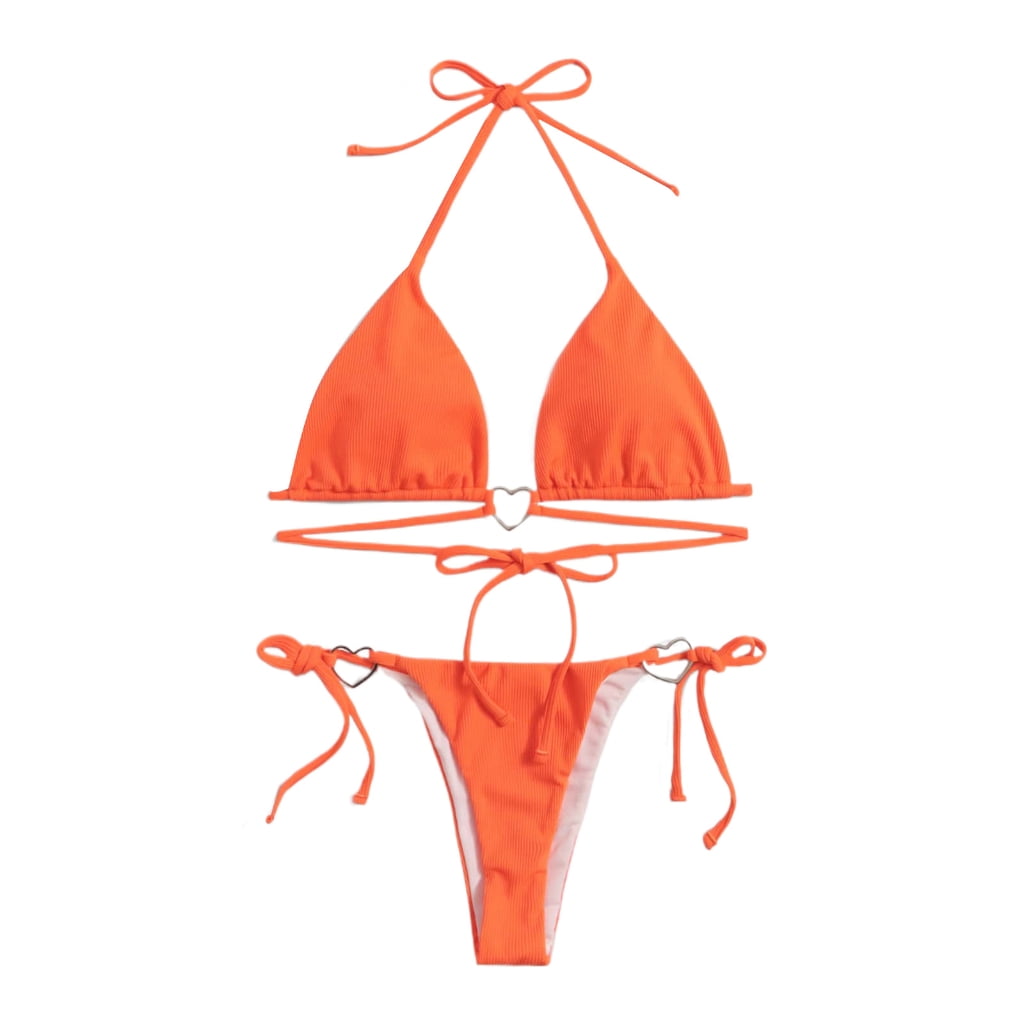 ZPAQI Women Halterneck Heart Ring Linked Swimwear Set 2Pcs Tie Side ...