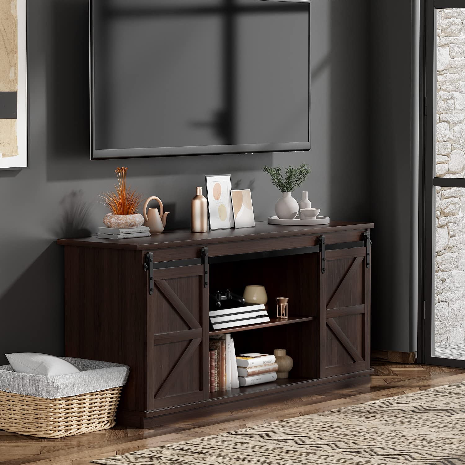 ZPK Farmhouse TV Stand for 65 Inch TV, Modern Television Stands Mid ...