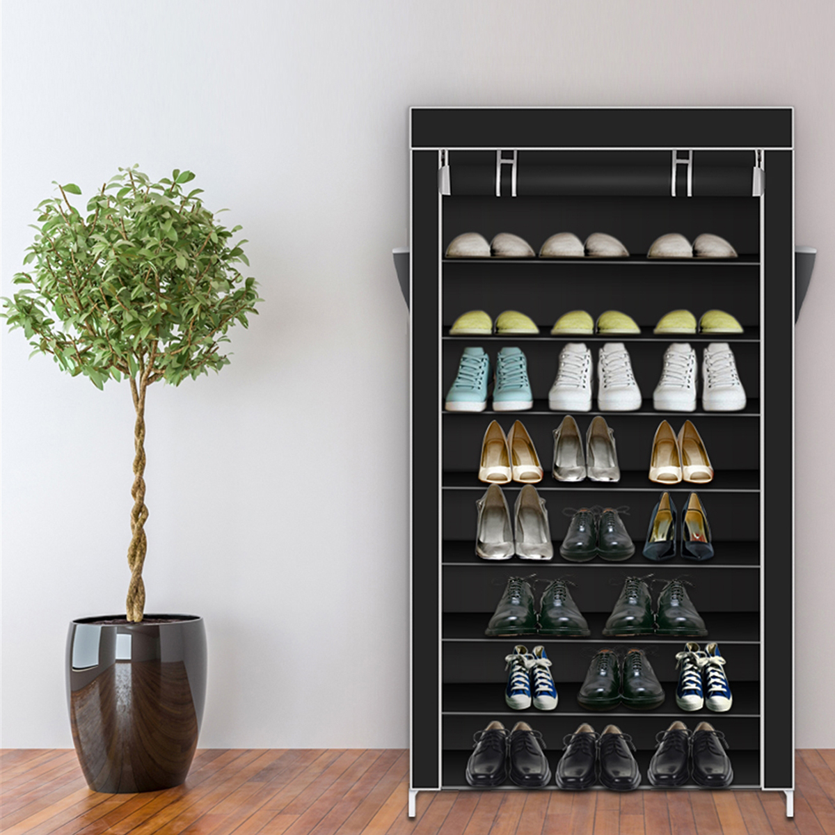 ZPL 9 Tiers Fabric Shoe Rack with Dustproof Cover Closet Shoe Storage ...