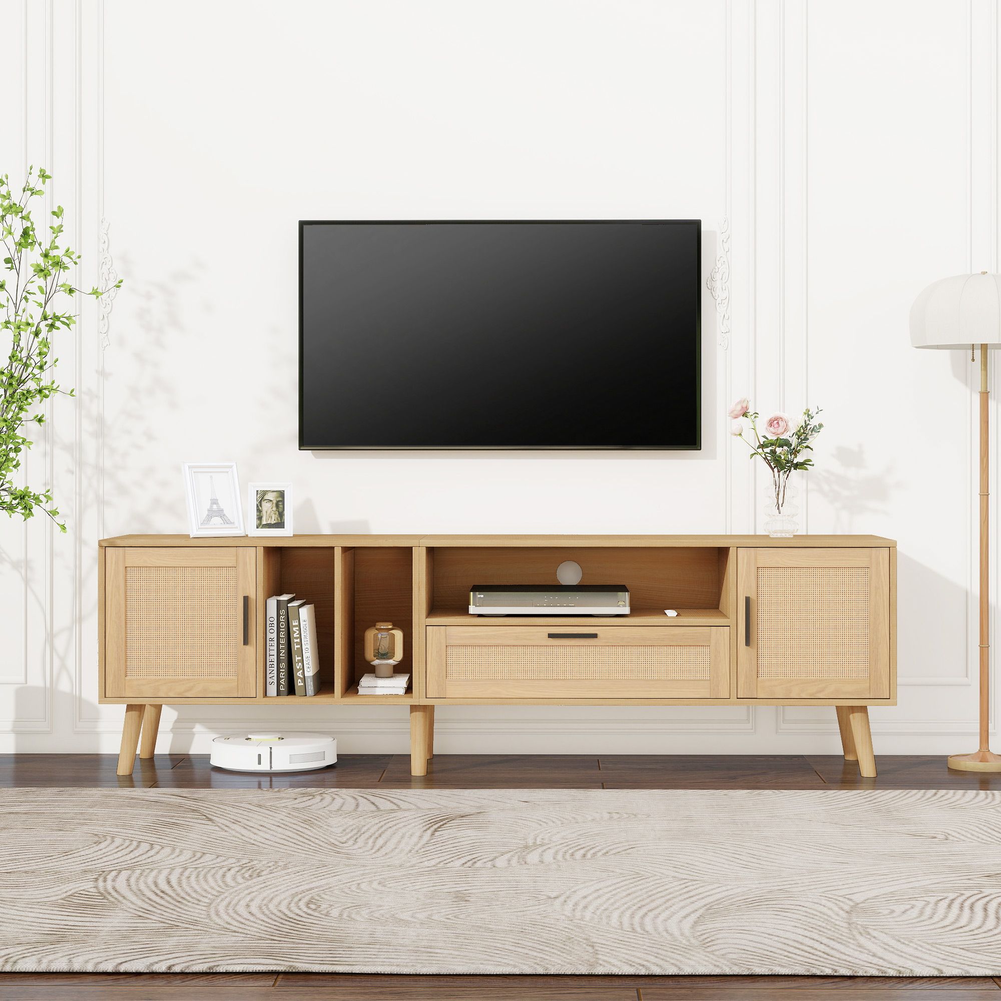 ZPL Rattan TV Cabinet with 2 Cabinets and 2 Open Shelves, Large TV up ...