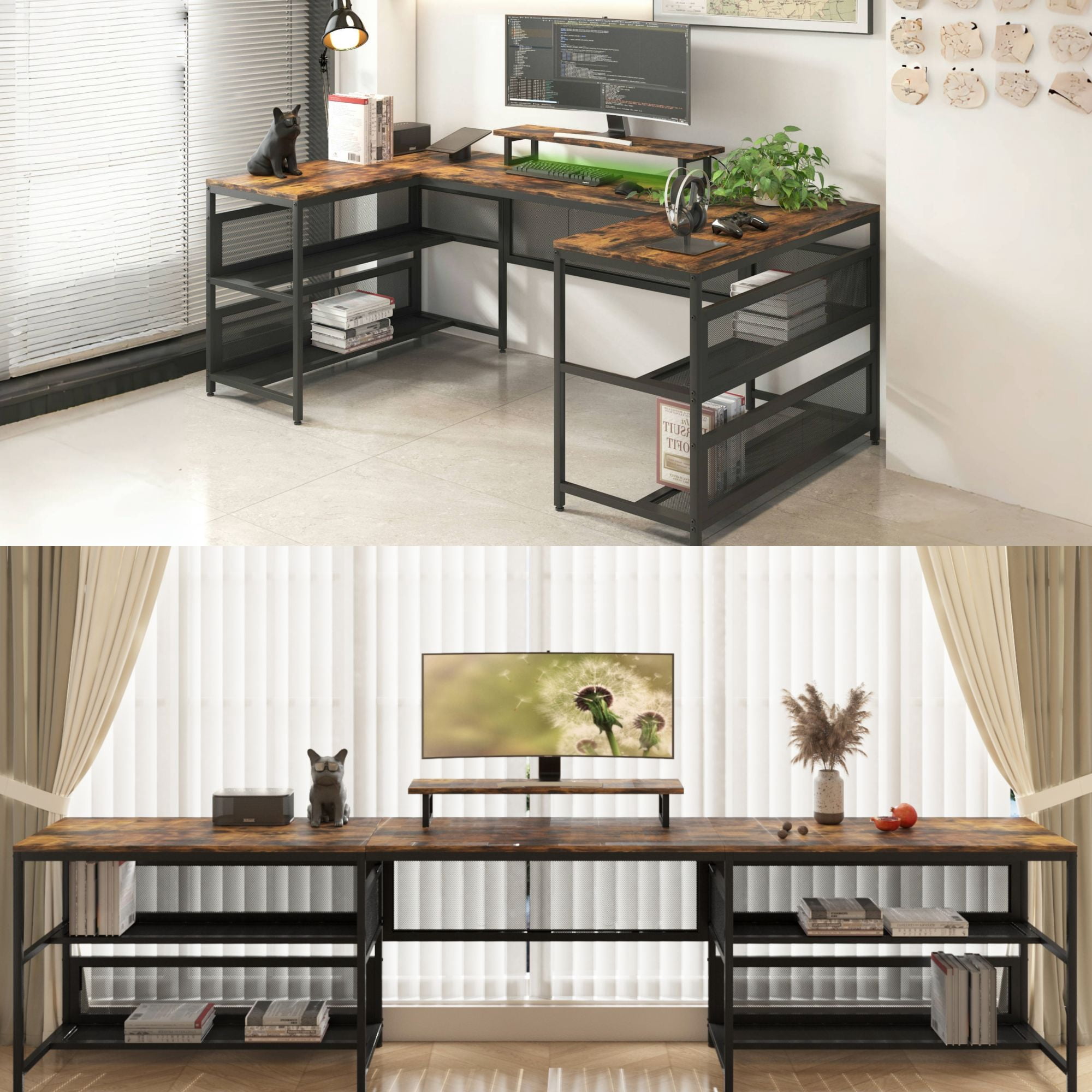 ZPL U-shaped Desk with Hutch and LED Lights 82”, Reversible L-Shaped ...