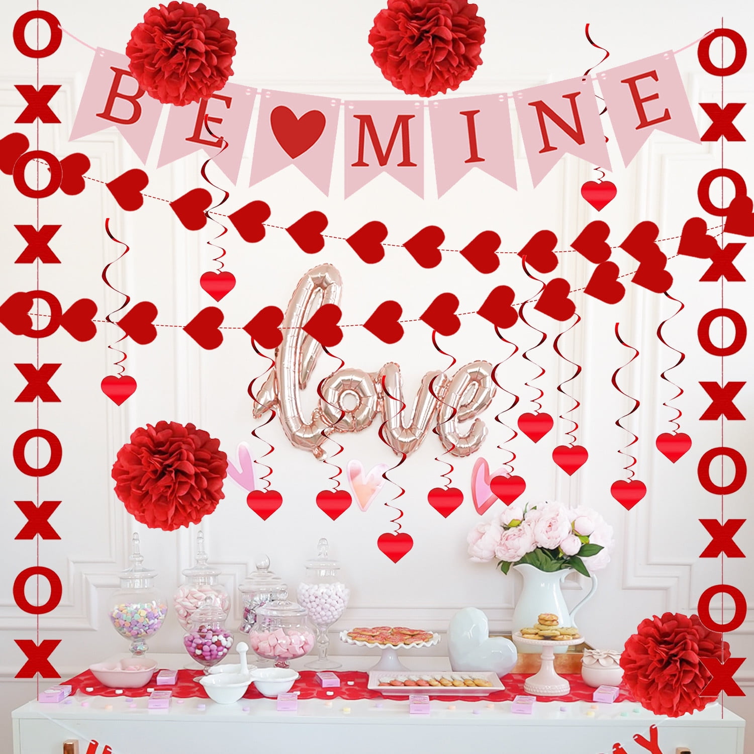 ZPWSHI 21Pcs Pre-Assembled Valentine Decor, Heart Swirls & XO Garlands ...