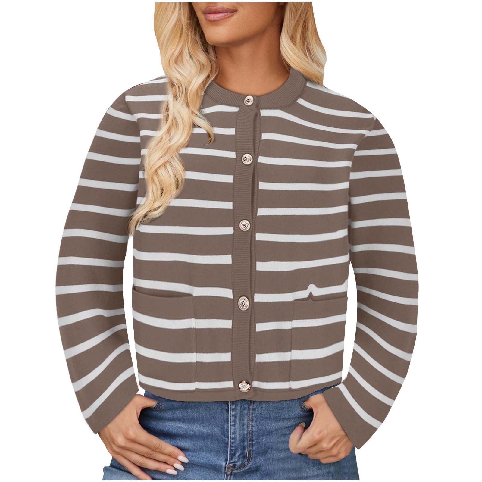 ZQGJB Casual Fall Long Sleeve Striped Button up Sweaters for Women ...