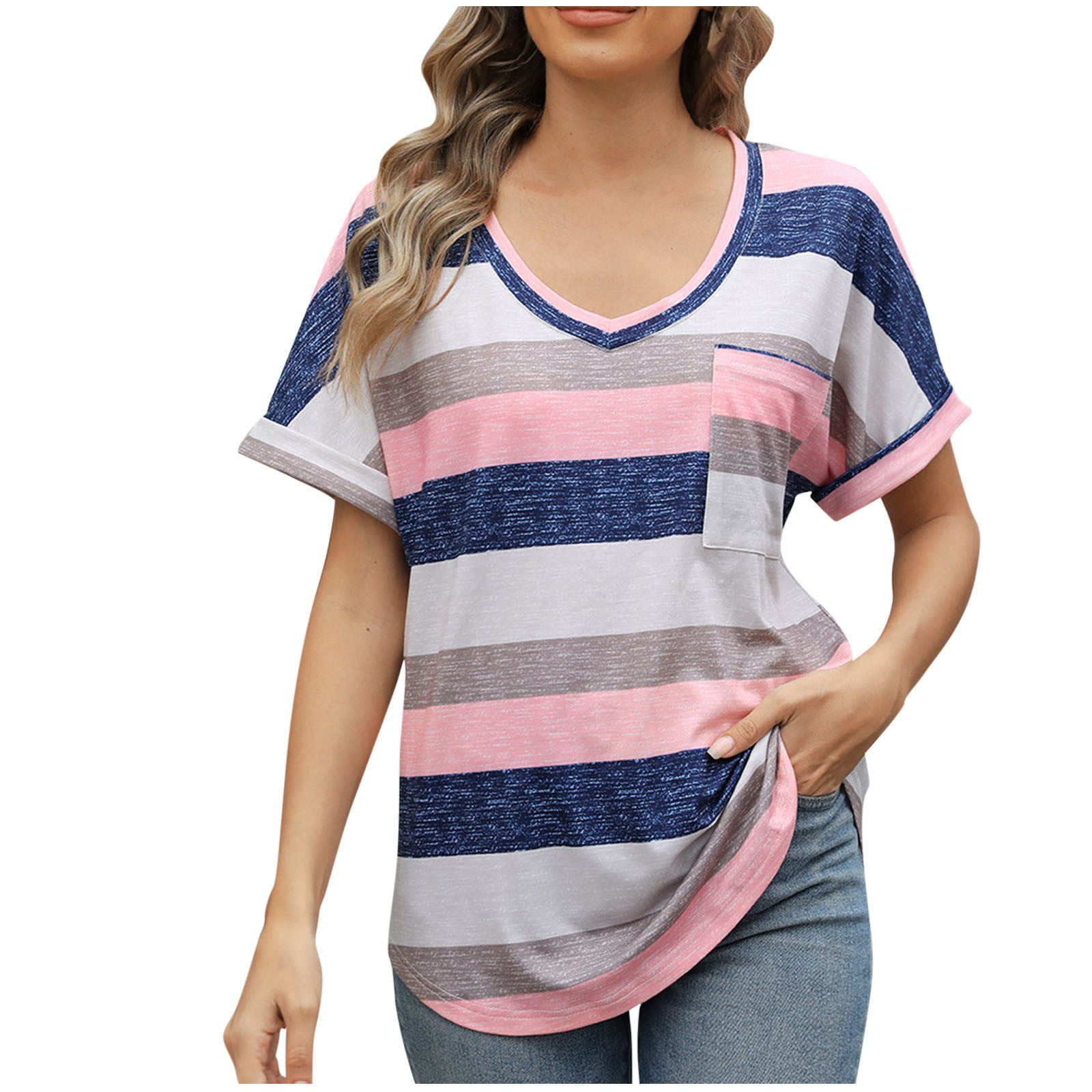 ZQGJB Cute Womens Tops Dressy Casual Striped Color Block Print Summer ...