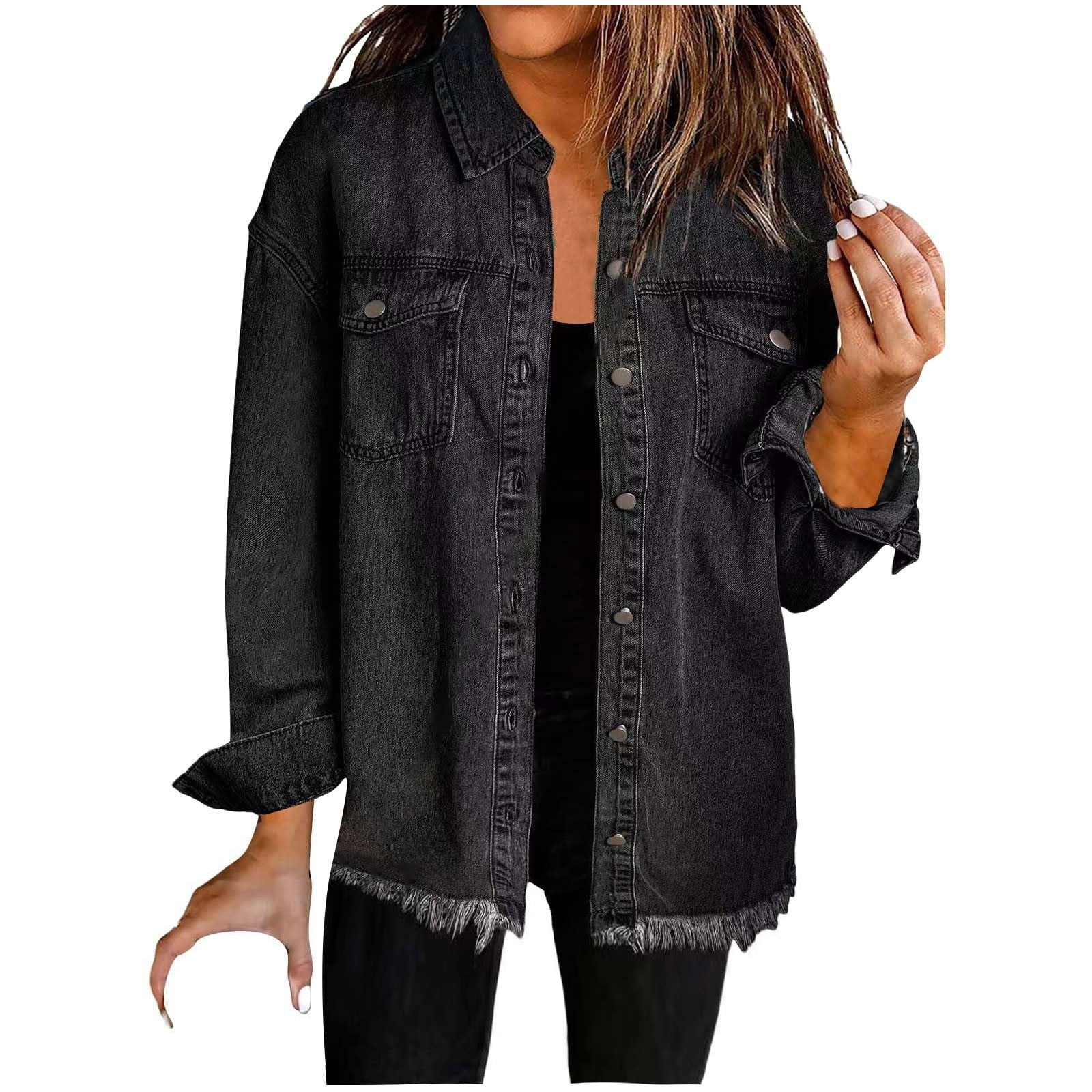 ZQGJB Denim Jacket for Women Oversized Frayed Hem Jean Jacket Long Sleeve Distressed Shacket ...
