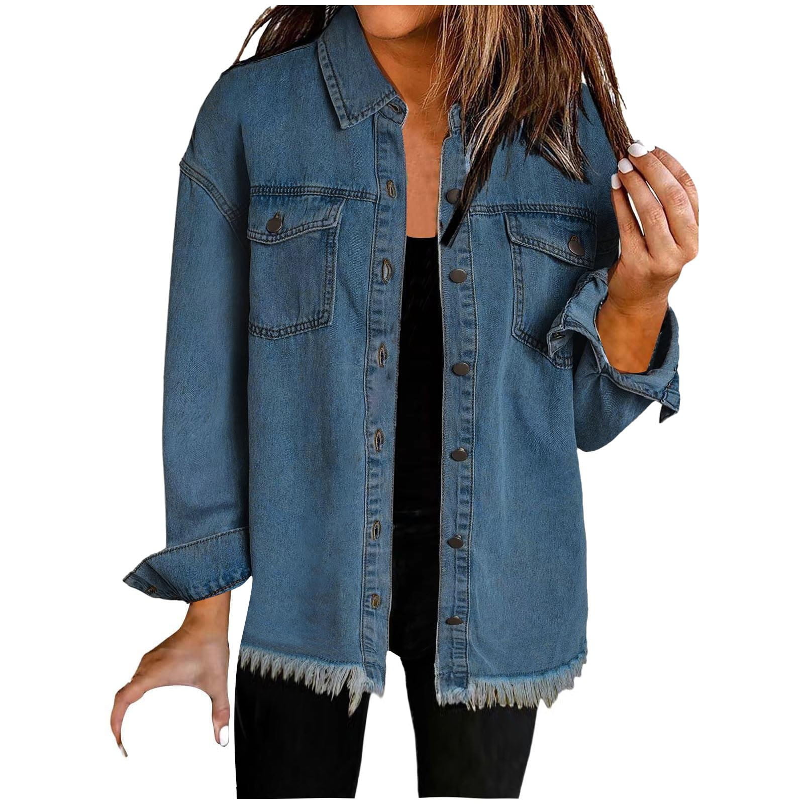 ZQGJB Denim Jacket for Women Oversized Frayed Hem Jean Jacket Long Sleeve Distressed Shacket ...