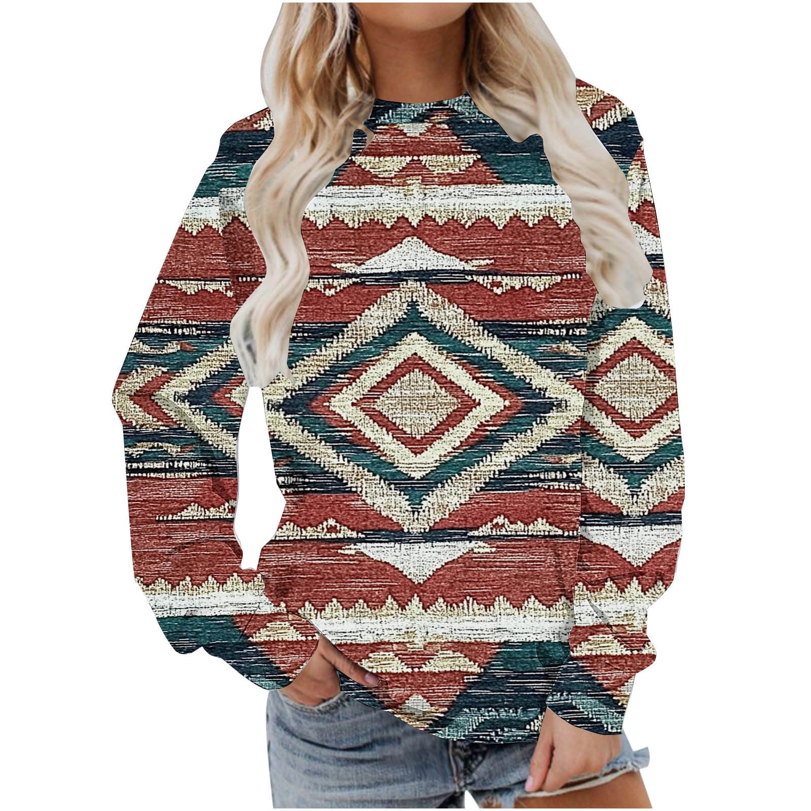 ZQGJB Ethnic Style Print Sweatshirts for Women Vintage Aztec Print Long ...